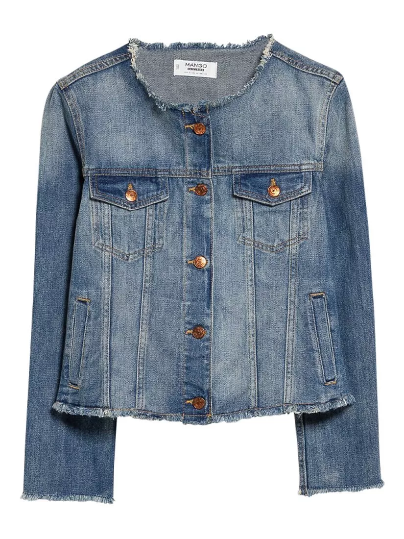 Mango Collarless Denim Jacket, Open Blue