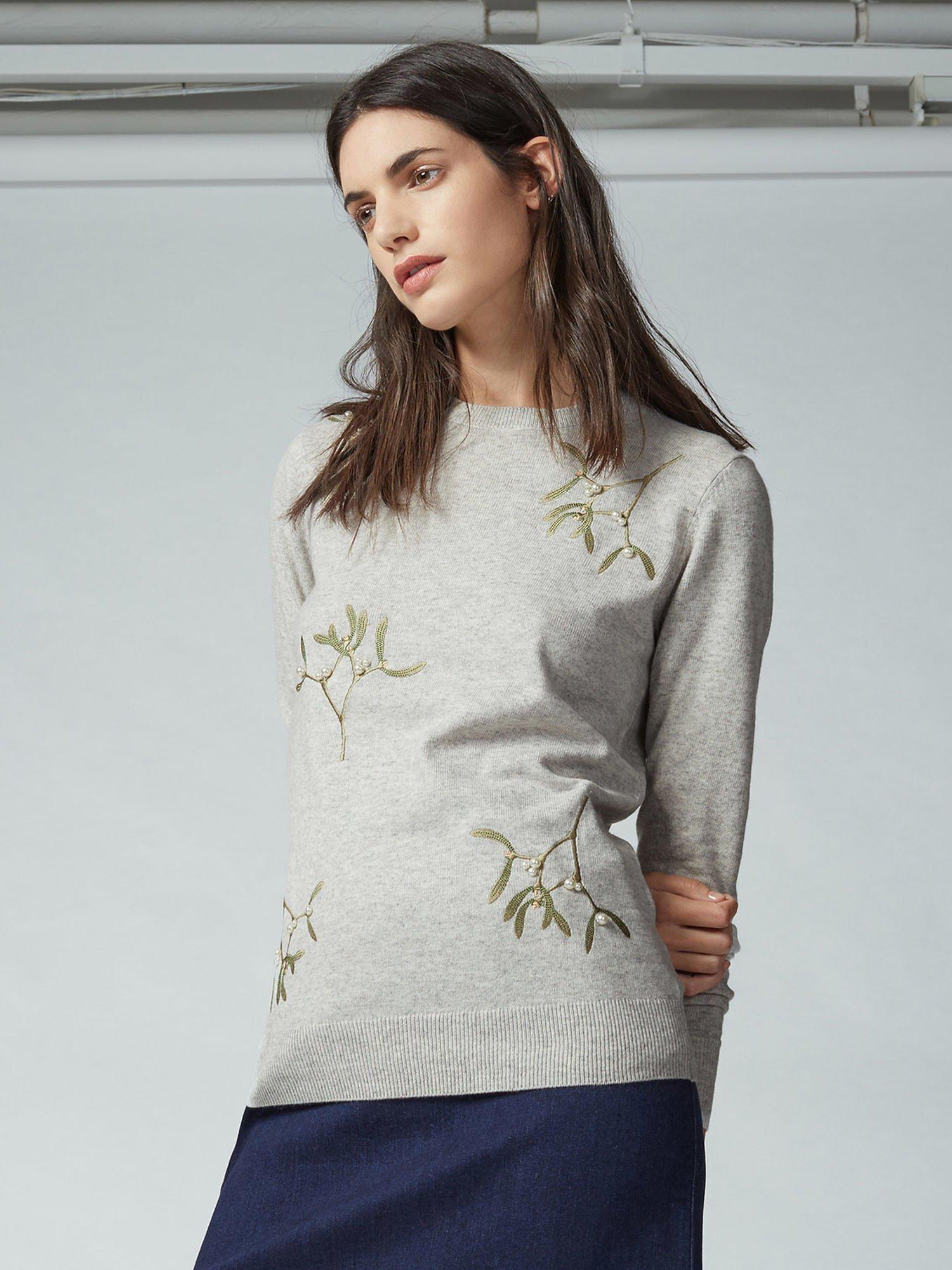 Warehouse Mistletoe Christmas Jumper, Light Grey
