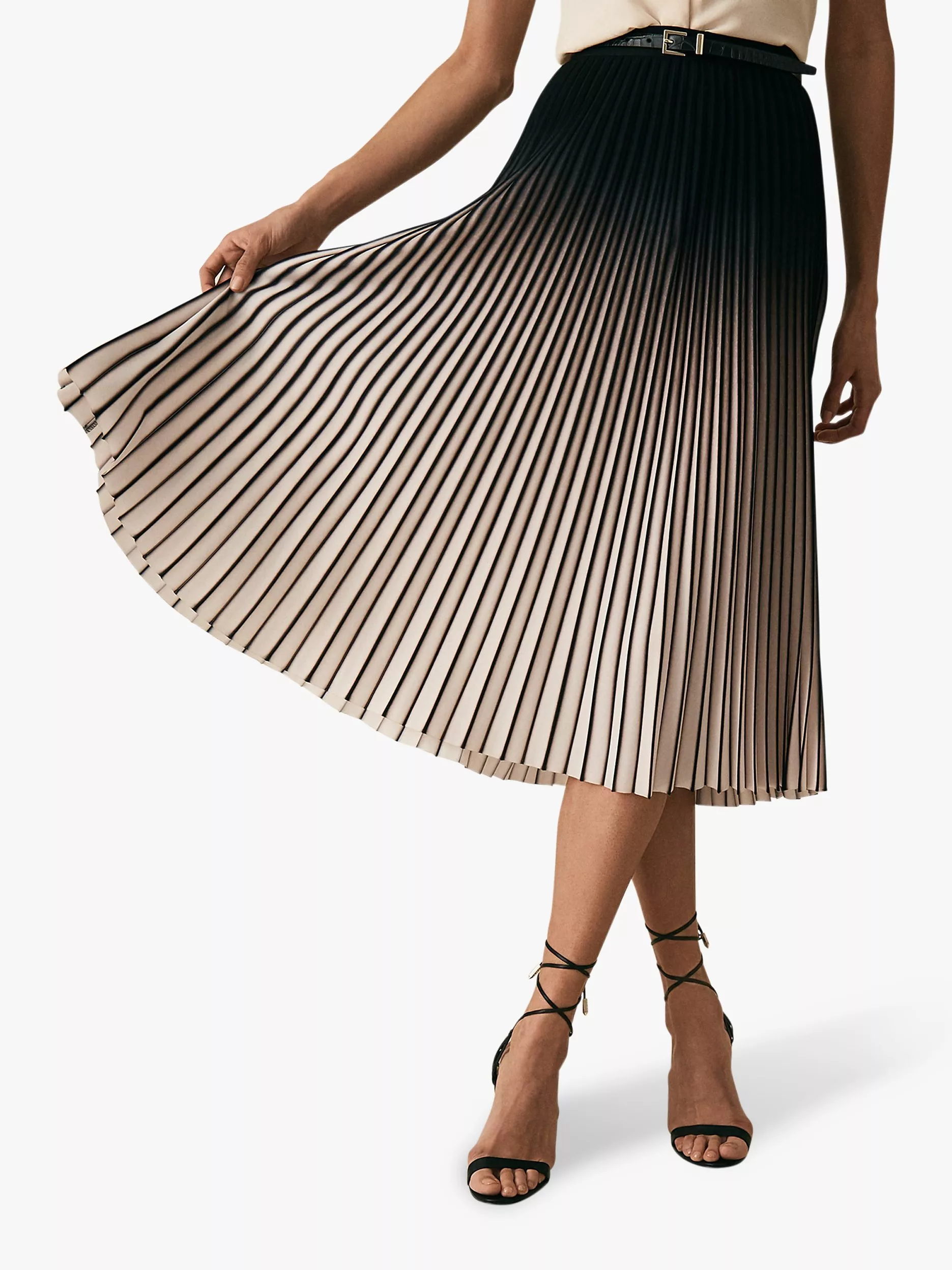 Reiss Marlie Contrast Pleat Midi Skirt, Neutral/Black Reiss Marlie Contrast Pleat Midi Skirt, Neutral/Black