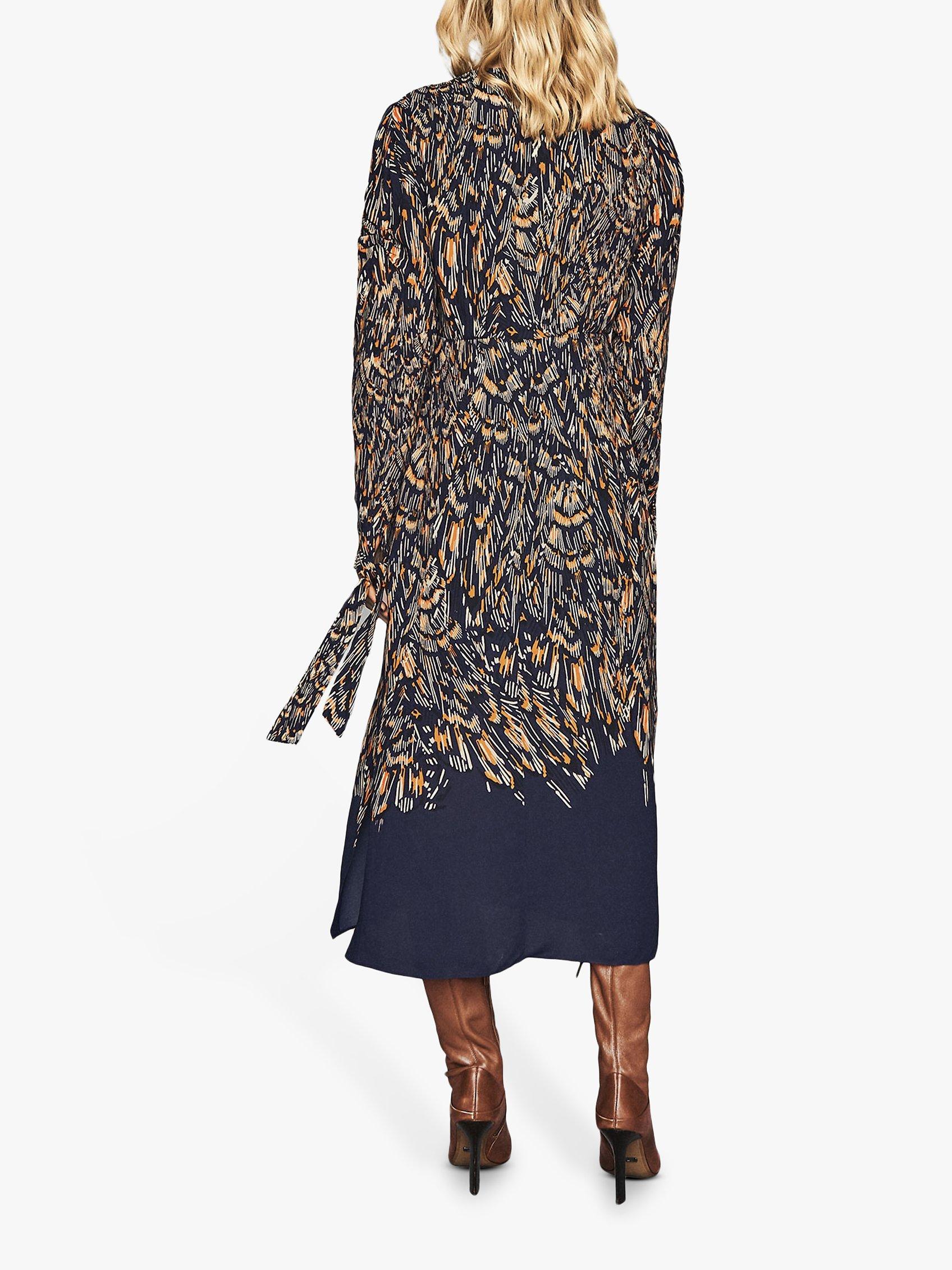 Reiss Erin Abstract Feather Print Tie Sleeve Midi Dress, Navy/Multi