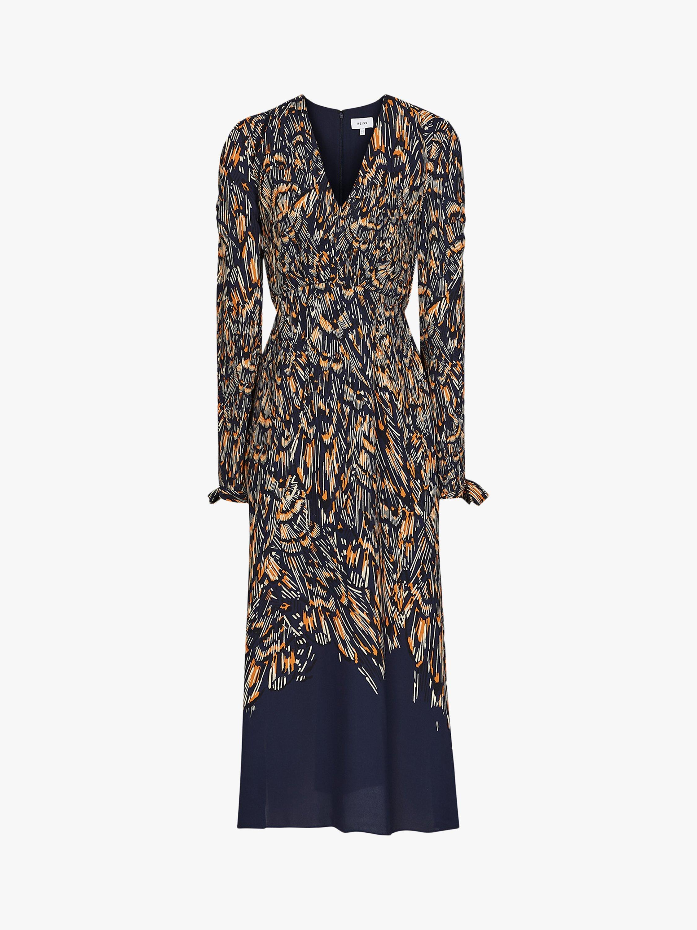 Reiss Erin Abstract Feather Print Tie Sleeve Midi Dress, Navy/Multi