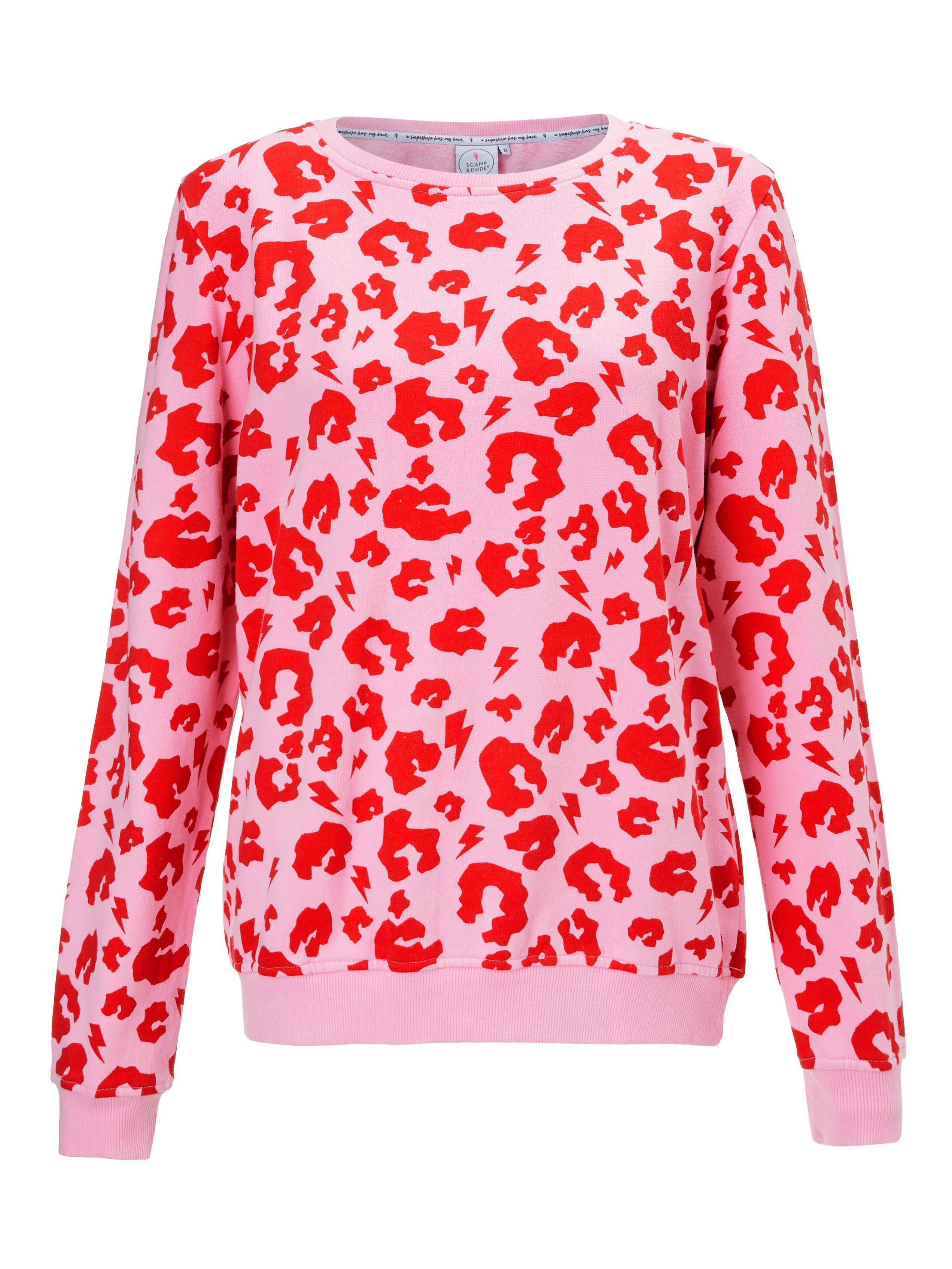 Scamp & Dude Unisex Crew Neck Leopard Print Sweatshirt, Pink/Red