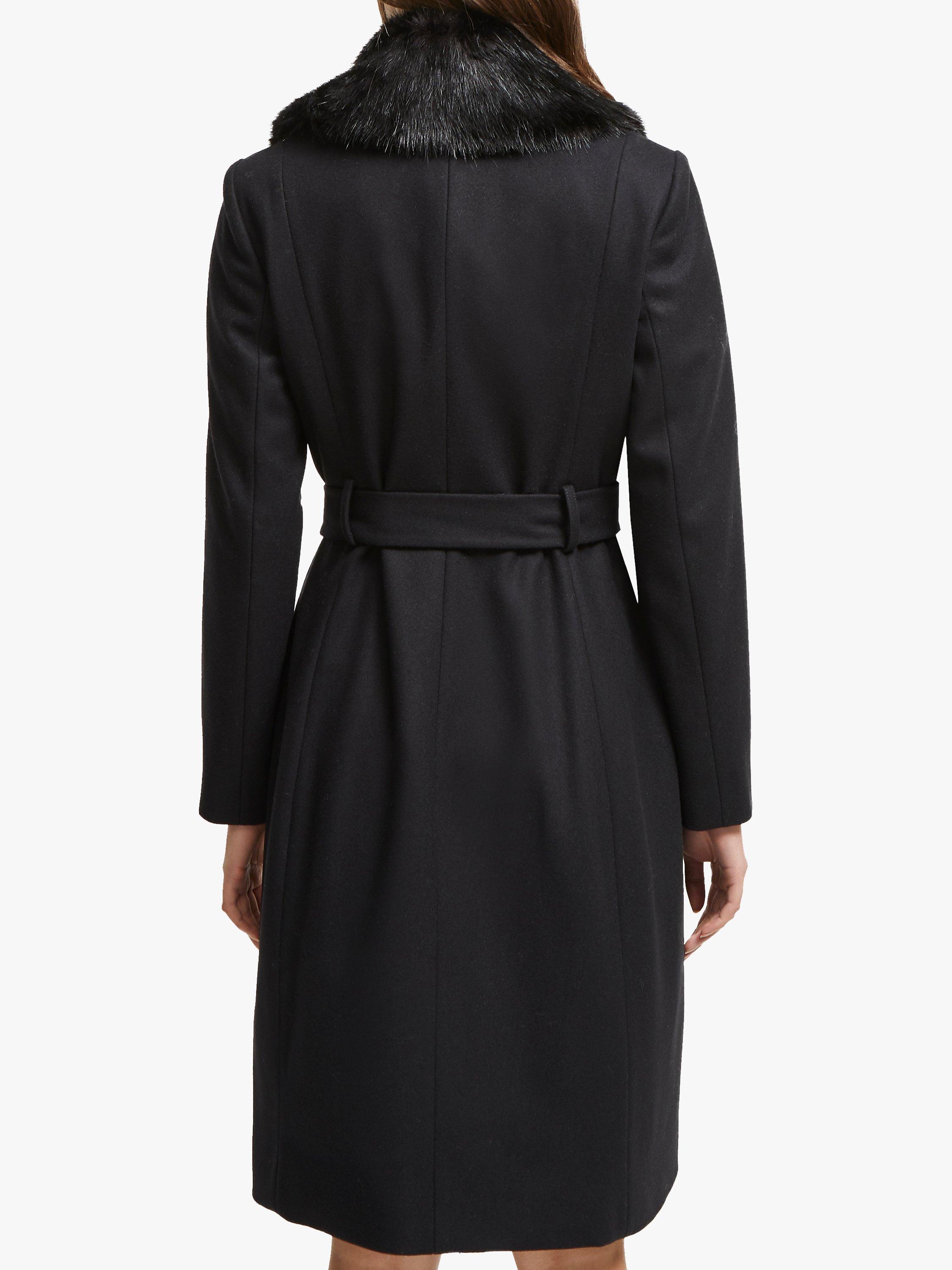 French Connection Carmelita Faux Fur Collar Long Coat, Black
