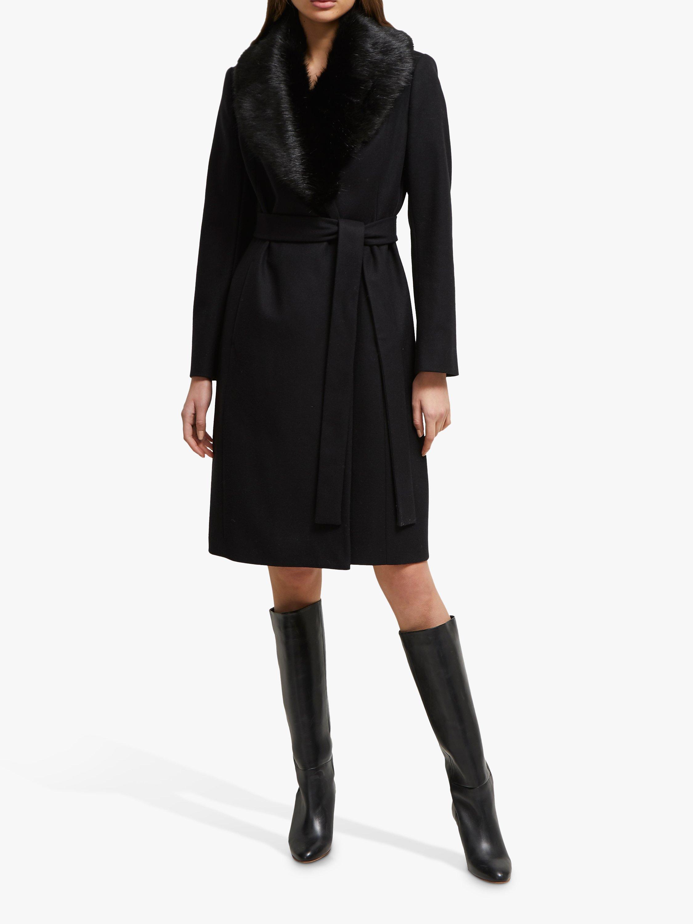 French Connection Carmelita Faux Fur Collar Long Coat, Black
