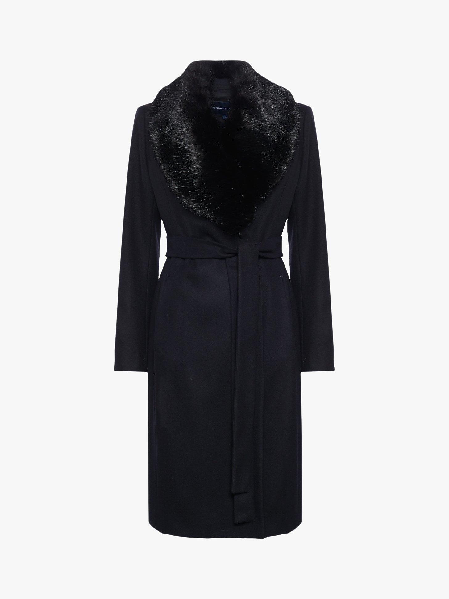 French Connection Carmelita Faux Fur Collar Long Coat, Black