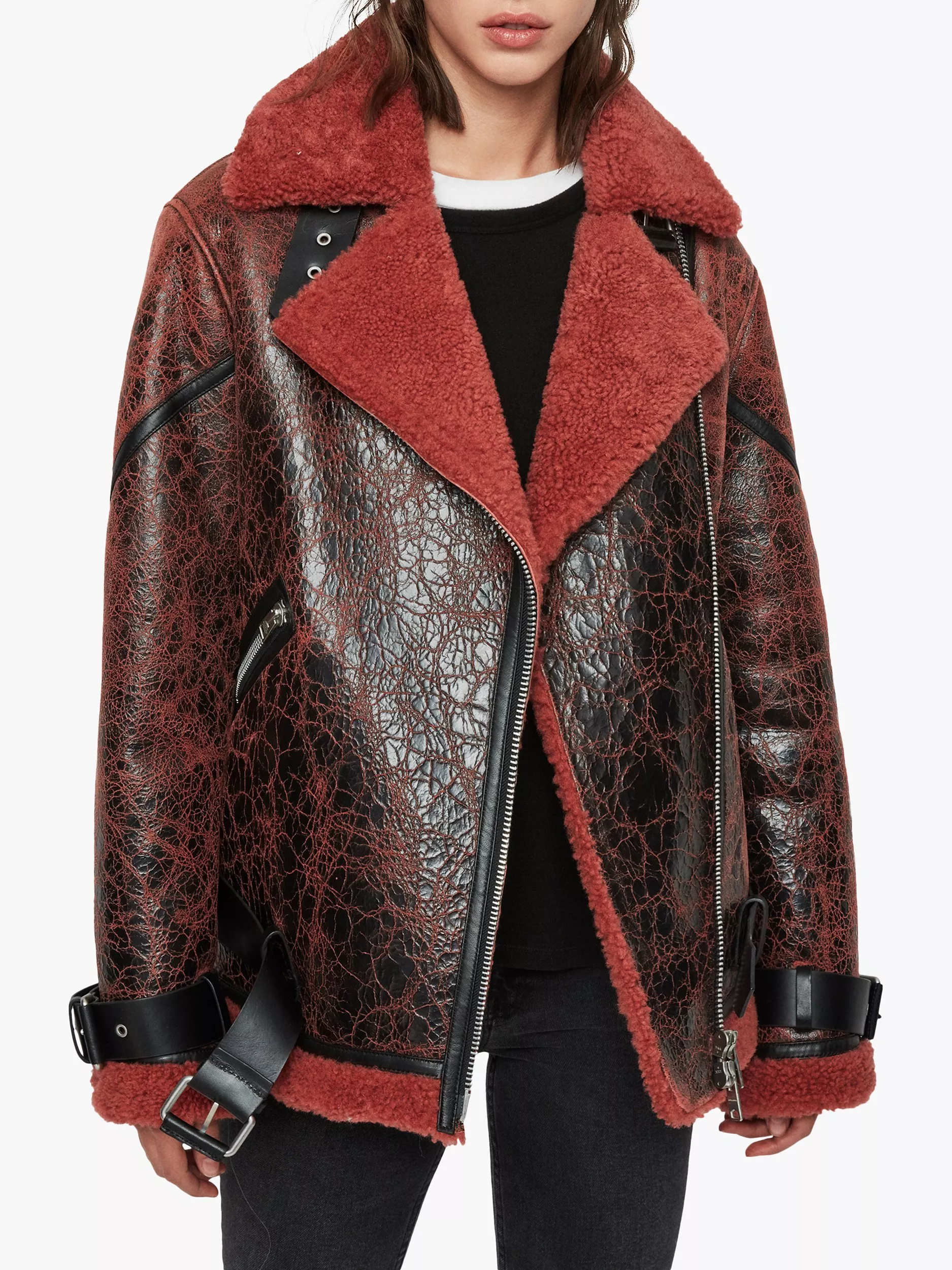 AllSaints Hawley Oversized Shearling Jacket, Raspberry Pink