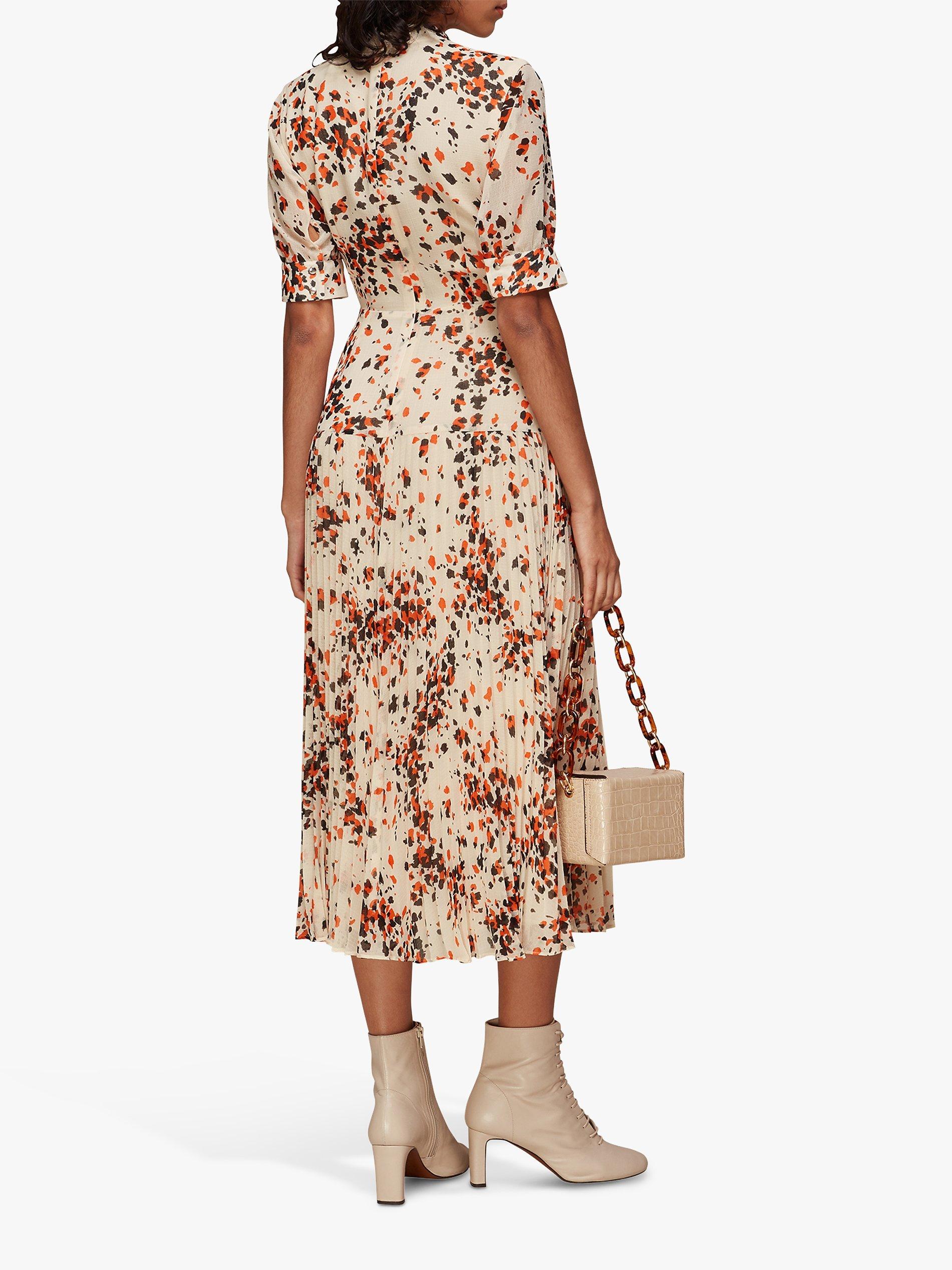 Whistles Mottled Animal Print Pleated Dress, Orange/Multi