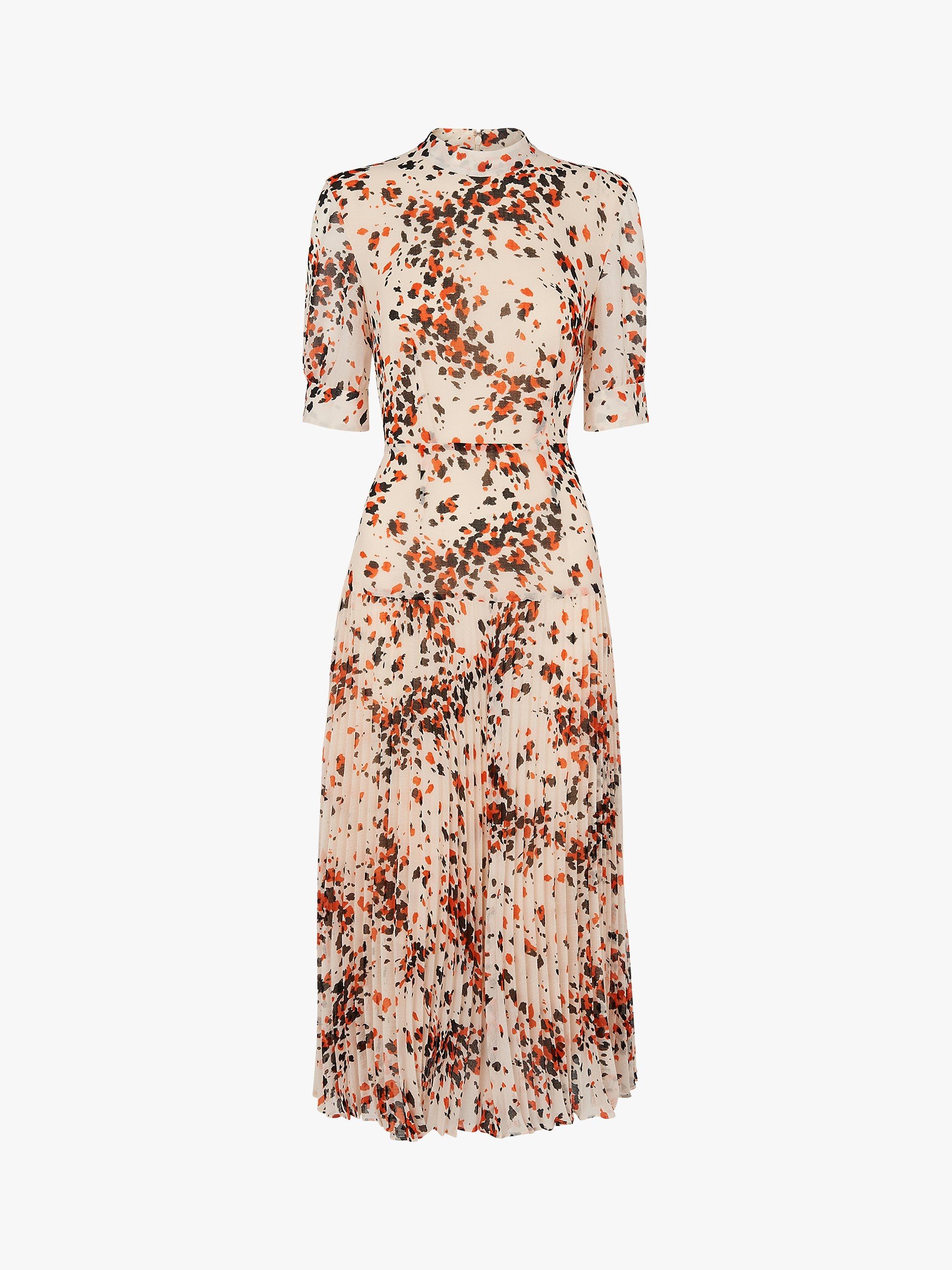 Whistles Mottled Animal Print Pleated Dress, Orange/Multi