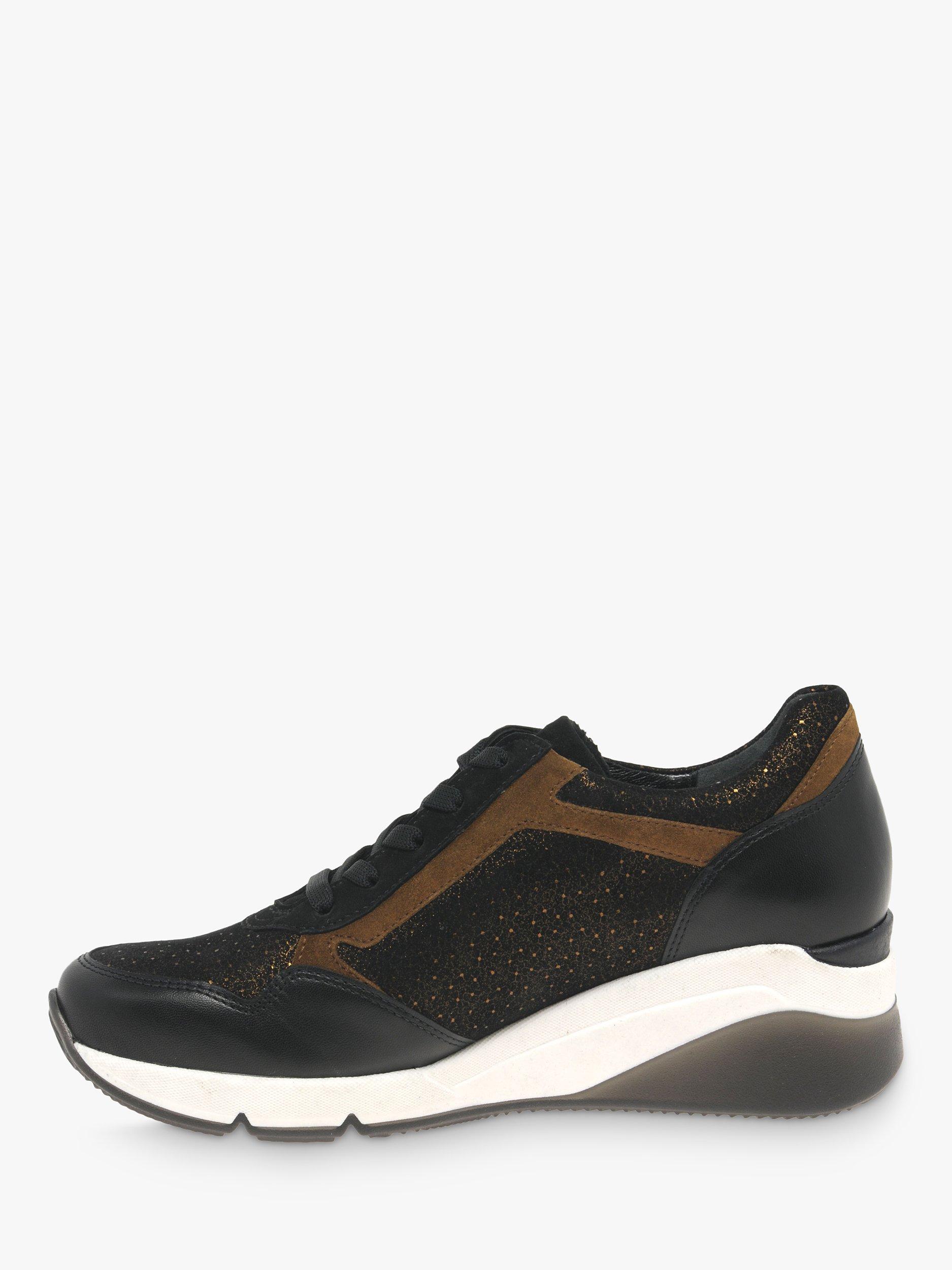 Gabor Jessica Wide Fit Leather Wedge Heeled Trainers, Black/Cognac