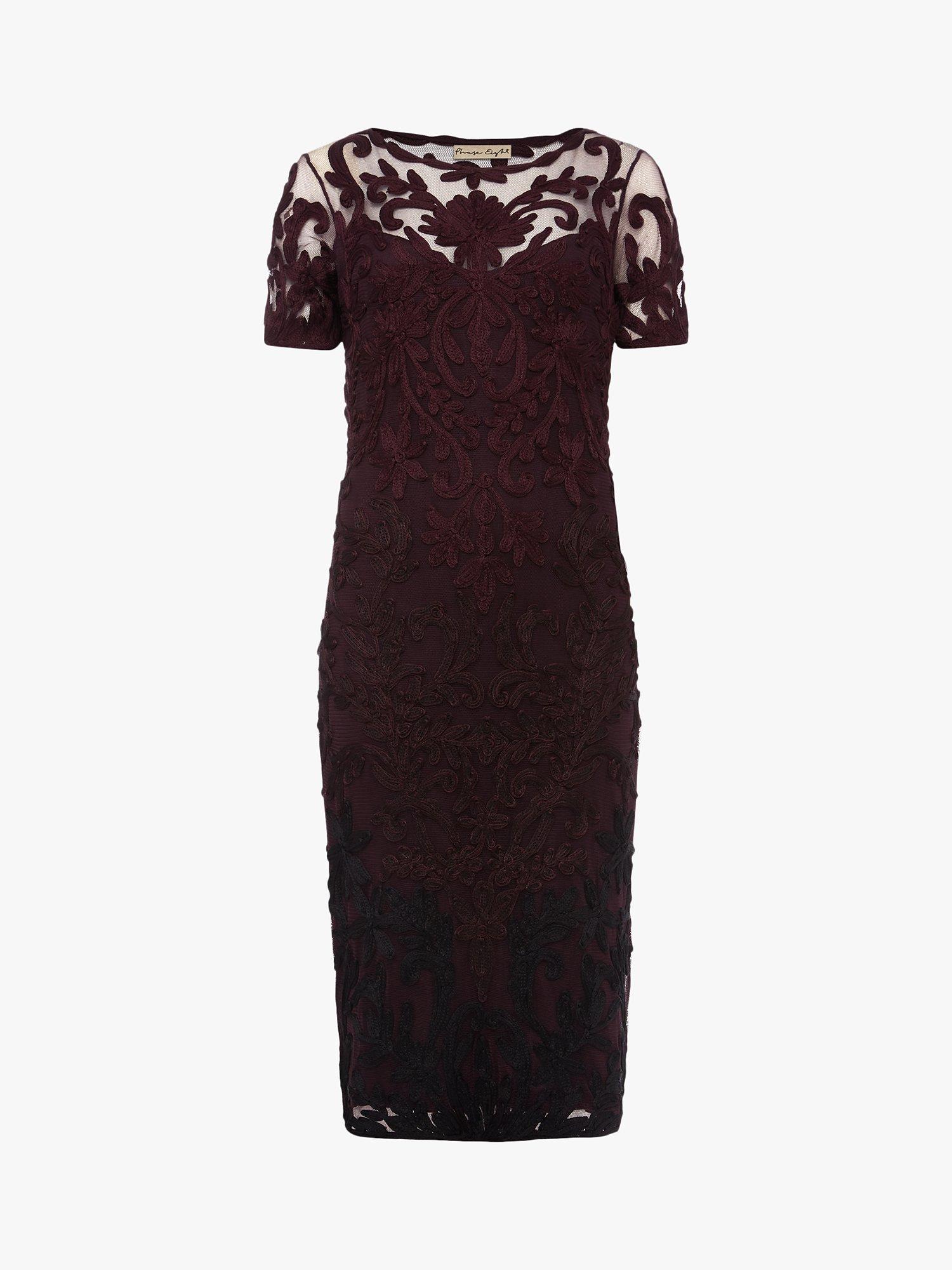 Phase Eight Kadie Tapework Lace Knee Length Dress, Wine