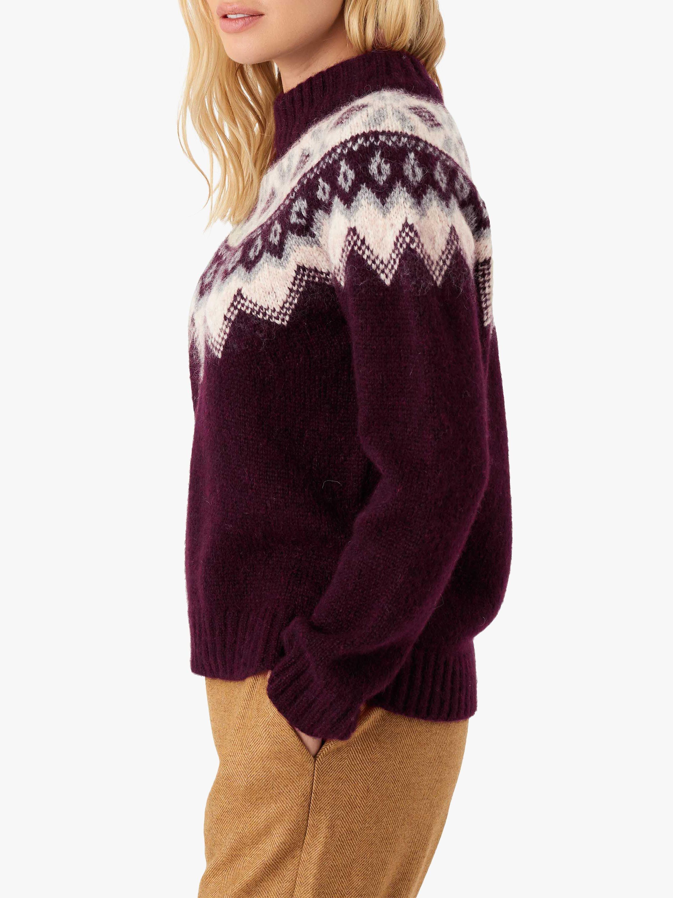 Brora Alpaca Blend Fairisle Print Funnel Neck Jumper, Burgundy