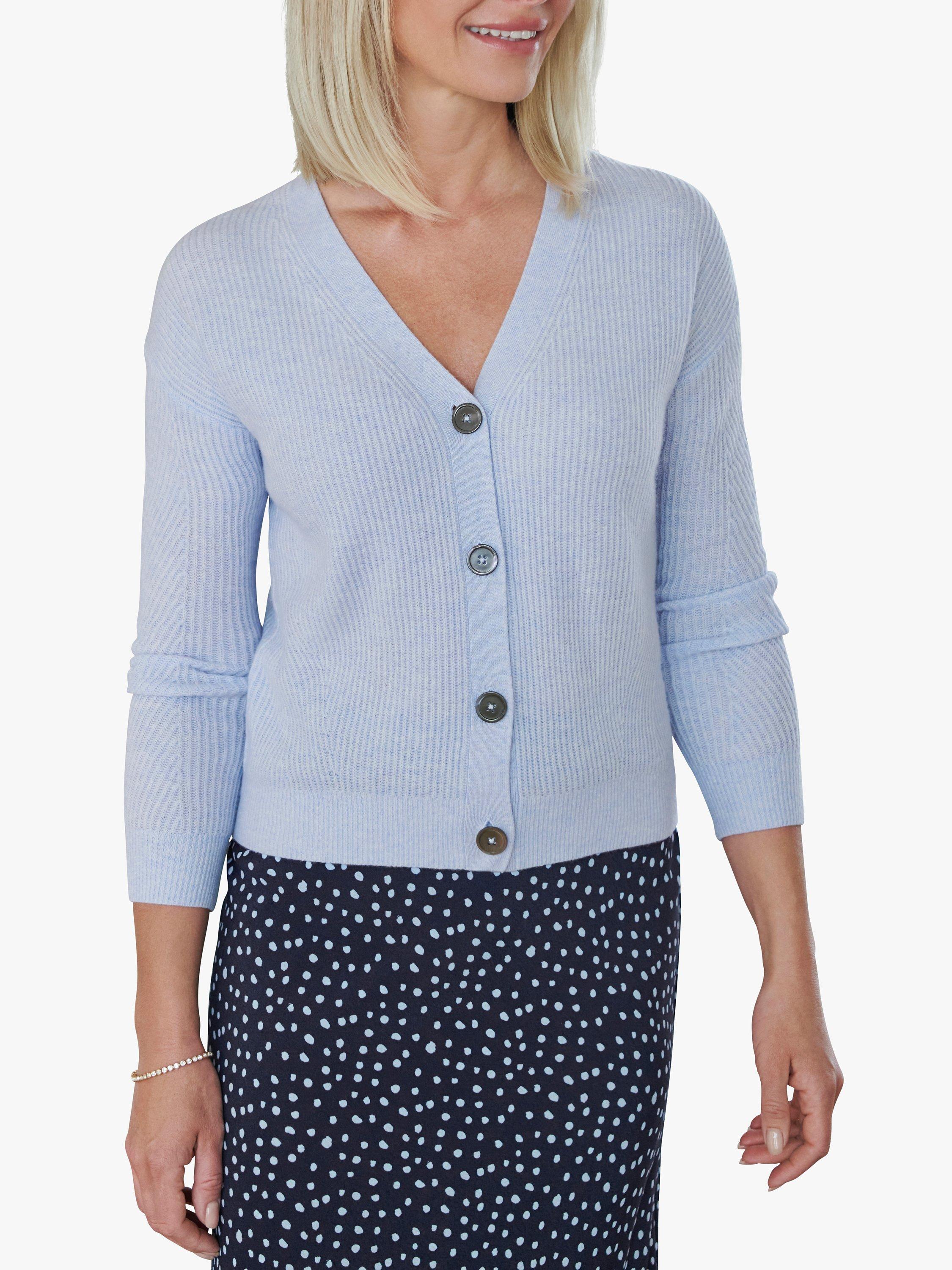 Pure Collection Wool Ribbed Cardigan, Cloud Blue