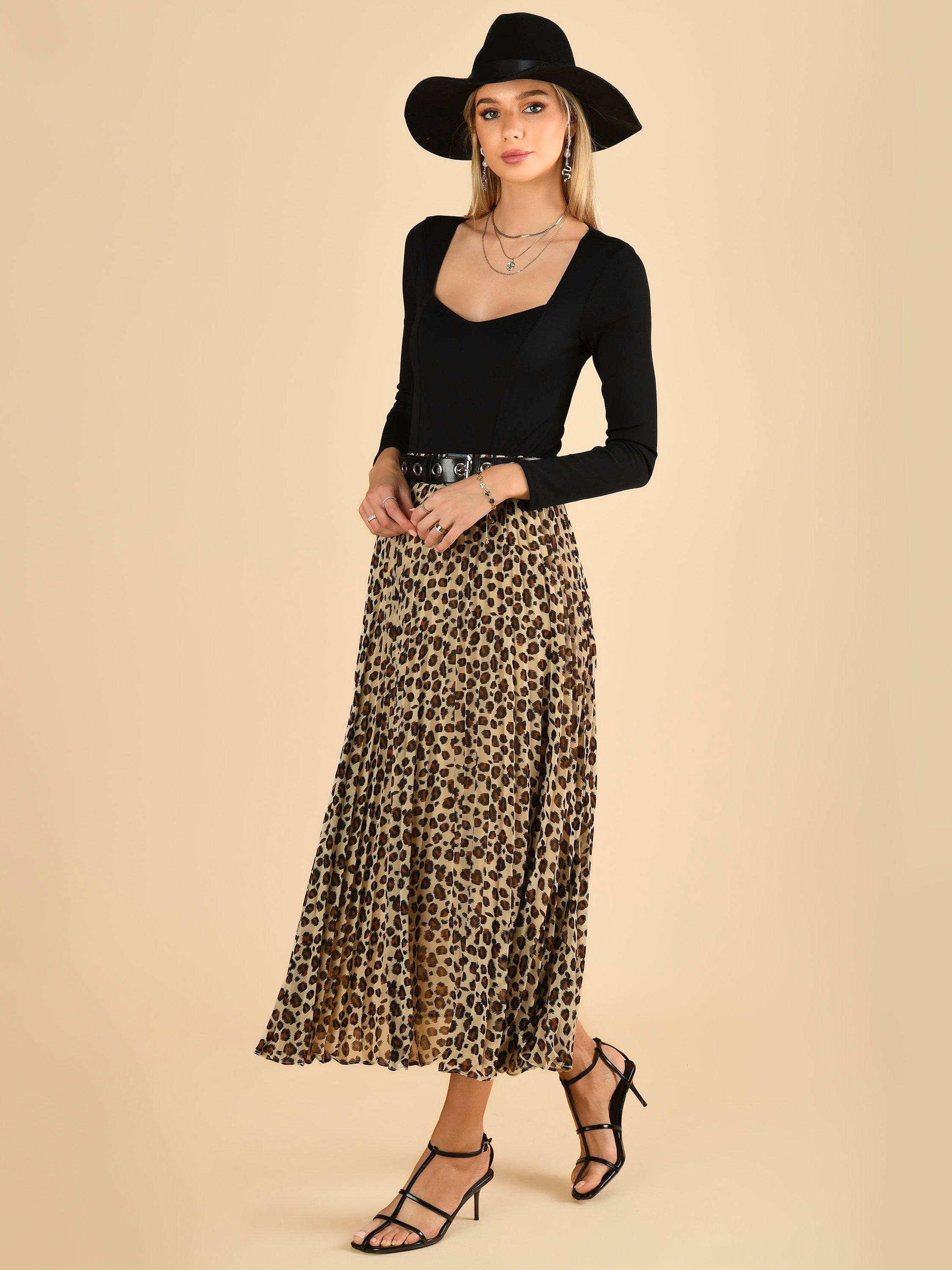 Jolie Moi Saige Animal Print Pleated Midi Skirt, Beige