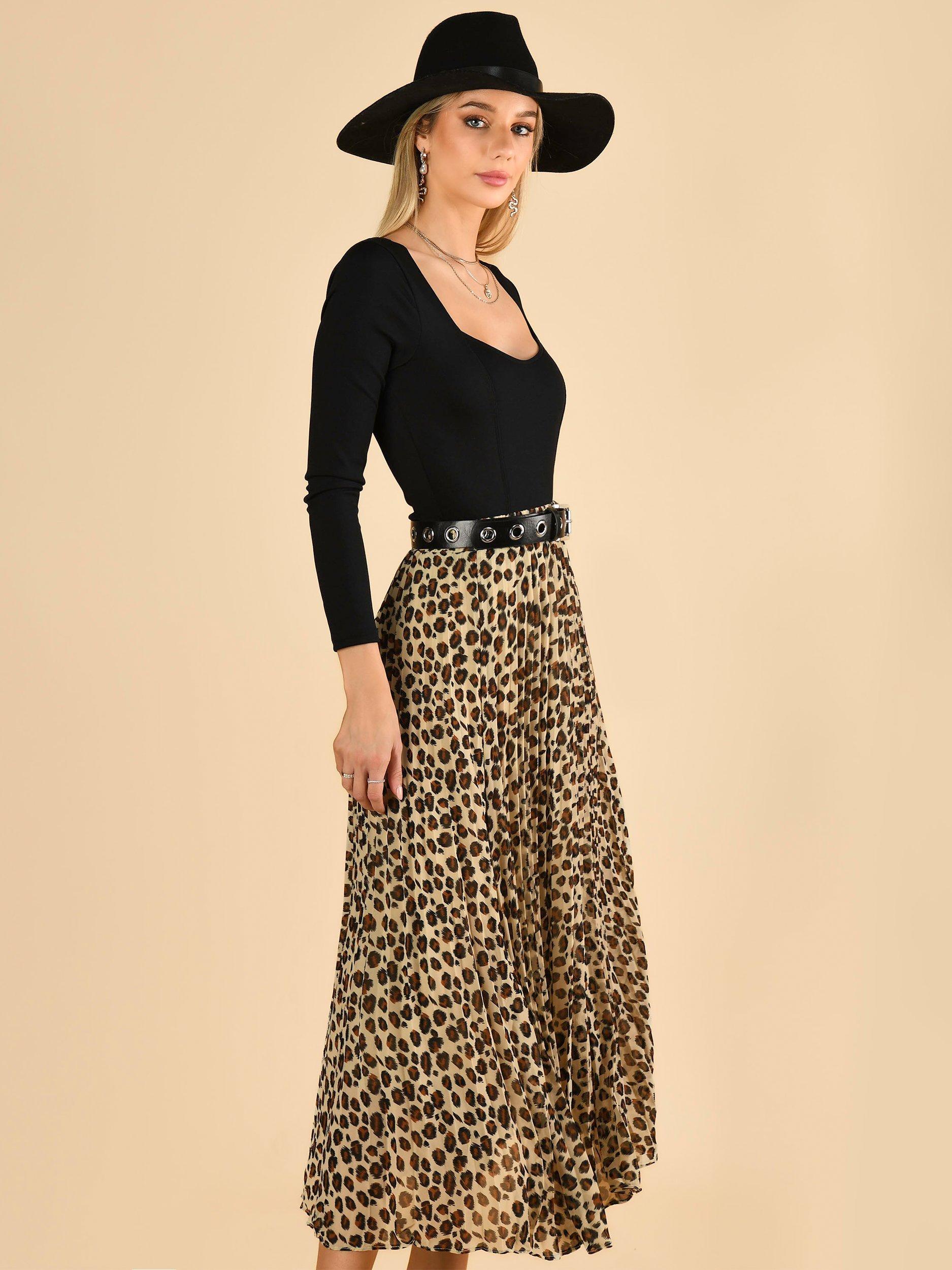 Jolie Moi Saige Animal Print Pleated Midi Skirt, Beige
