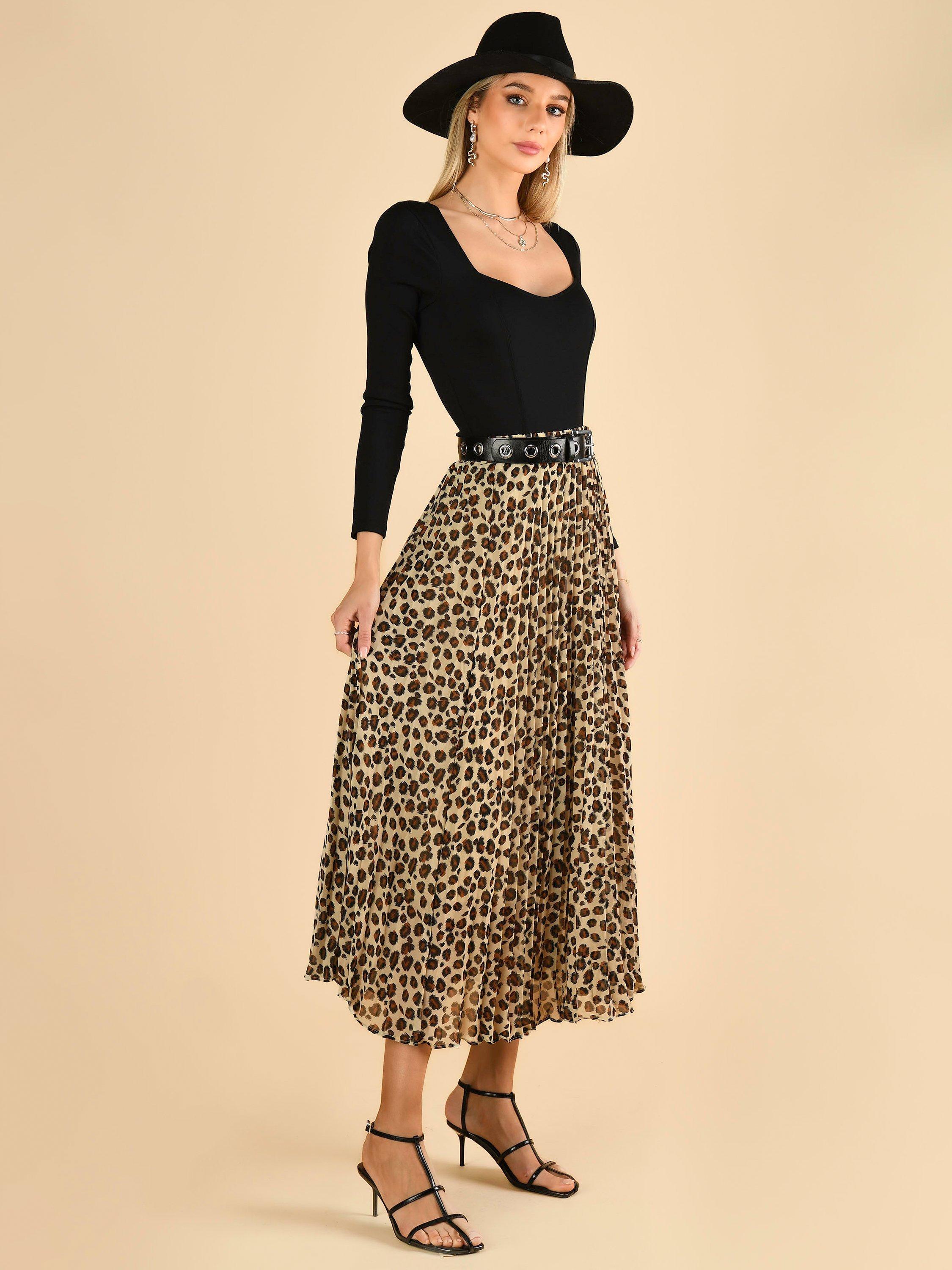 Jolie Moi Saige Animal Print Pleated Midi Skirt, Beige