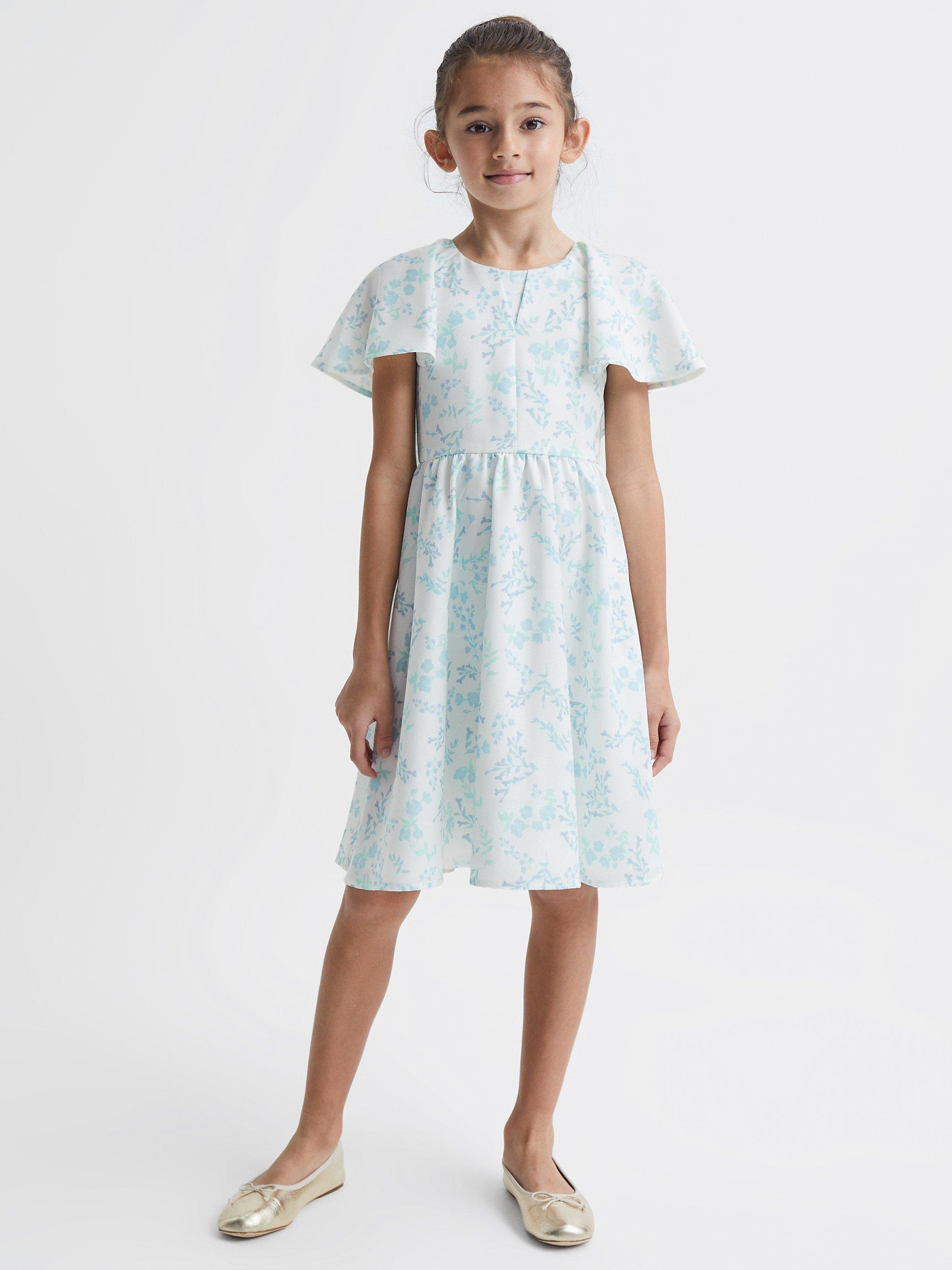 Reiss Kids' Maisie Floral Print Satin Flared Party Dress, Blue/Multi