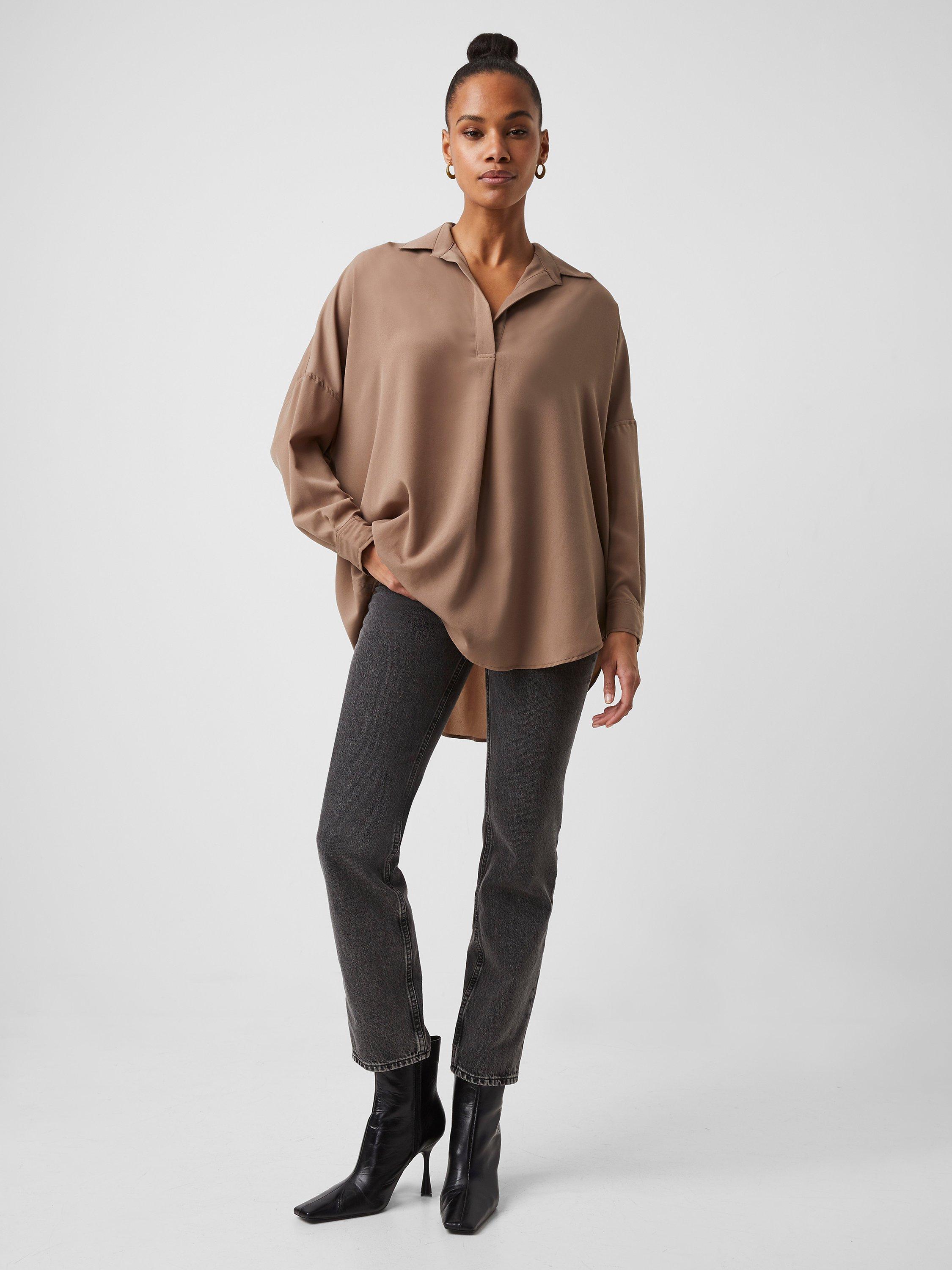 French Connection Rhodes Recycled Crepe Popover Shirt, Mocha Mousse, XS