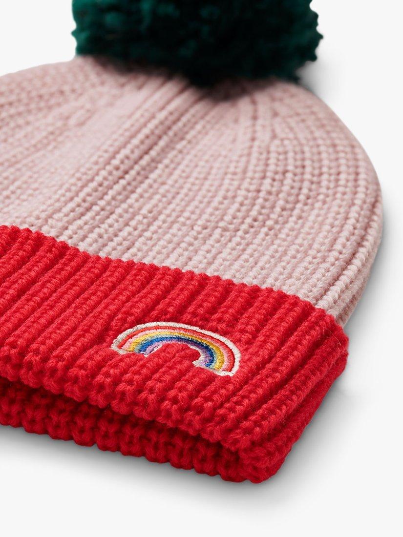 Small Stuff Kids' Embroided Rainbow Pom Pom Hat, Red/Pink