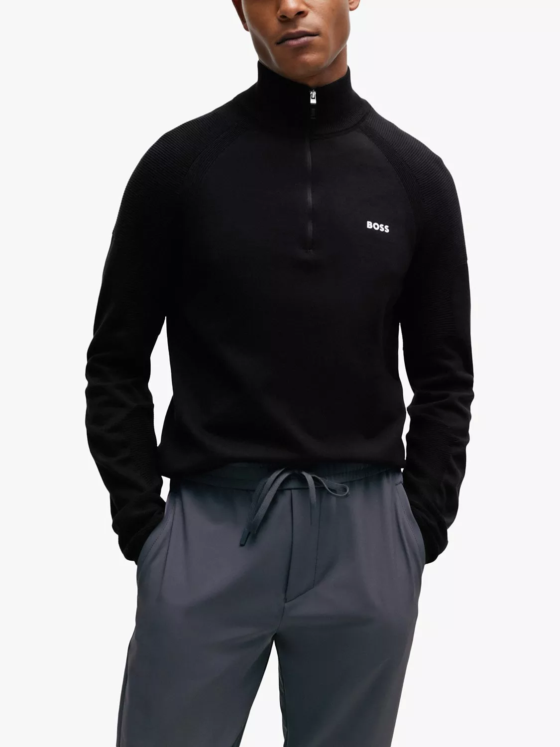 BOSS Half Zip Thermo Flex Cotton Blend Knit Jumper, Black