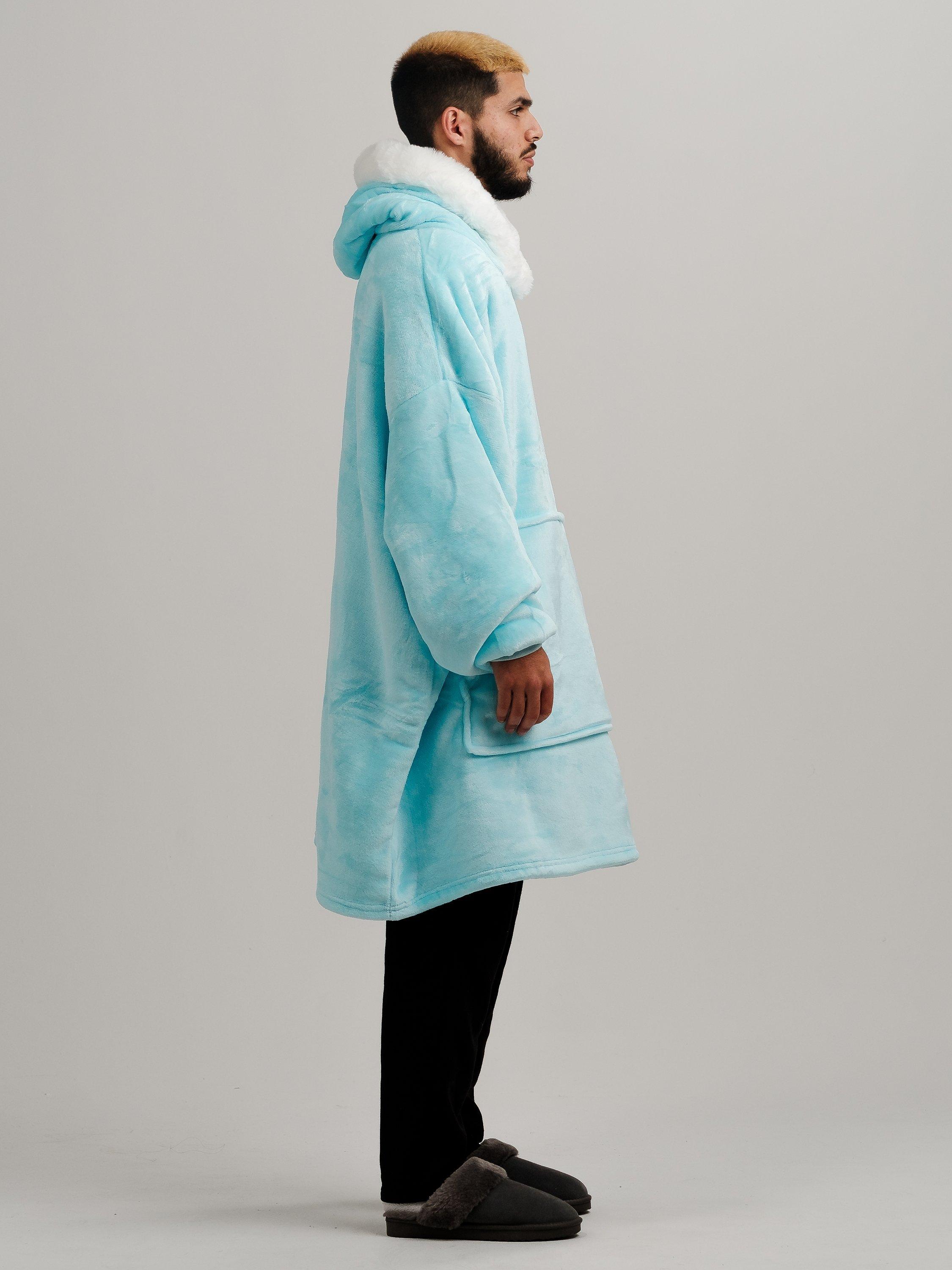 Ony Unisex Faux Fur Collar Sherpa Lined Fleece Hoodie Blanket, Blue ...