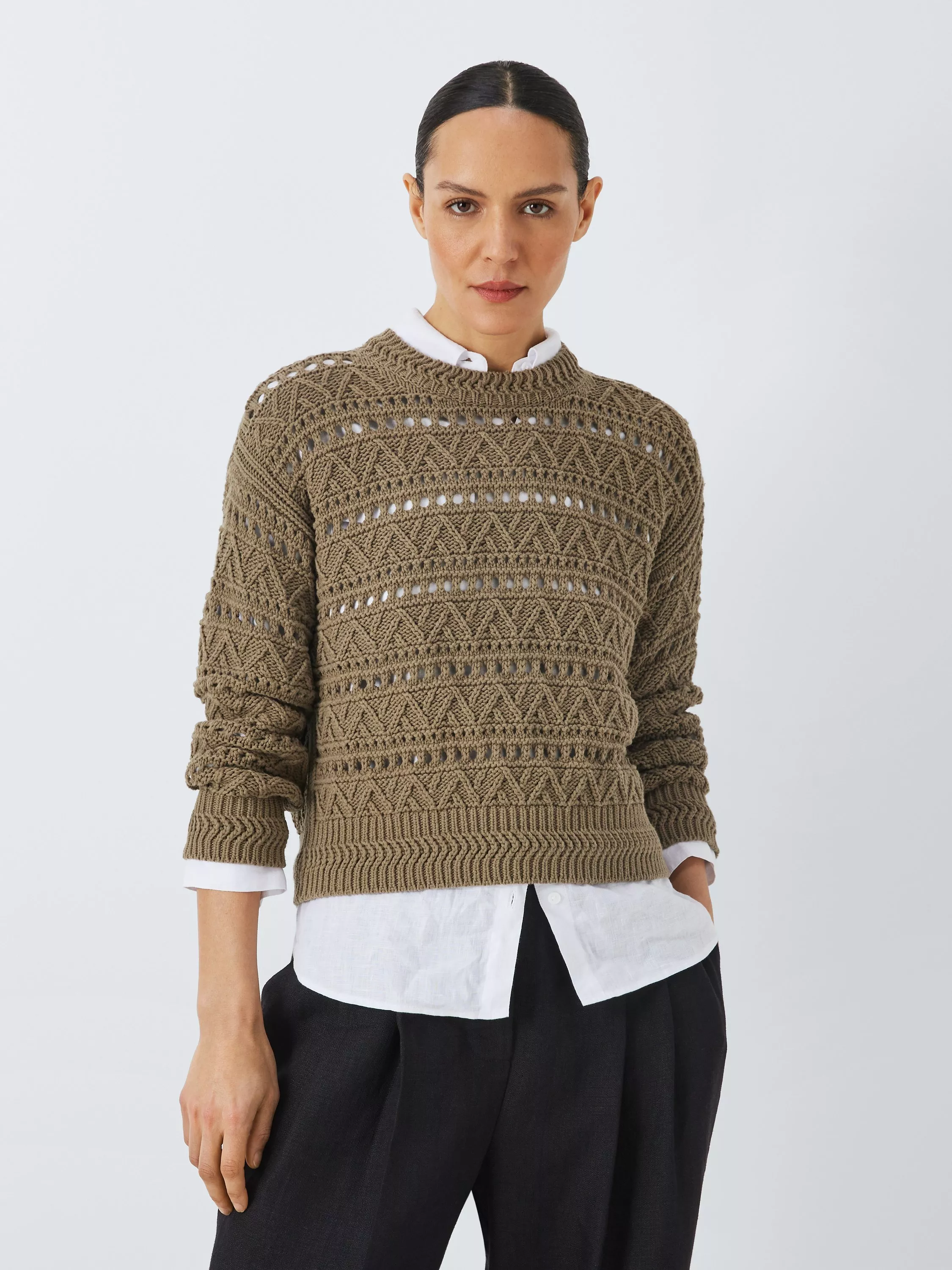 John Lewis Boxy Geometric Knit Jumper, Khaki