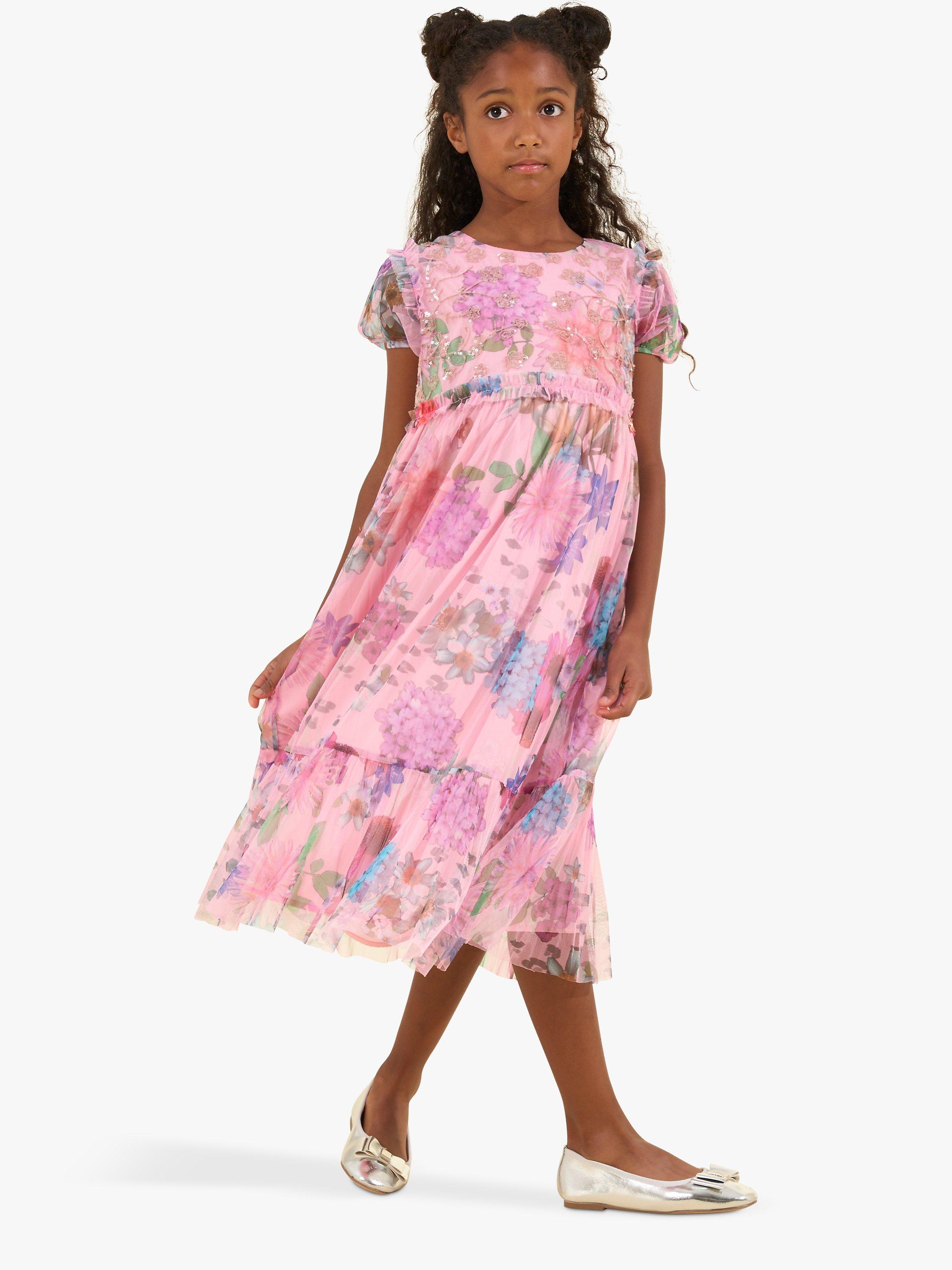 Angel & Rocket Kids' Embroidered Floral Print Dress, Pink/Multi