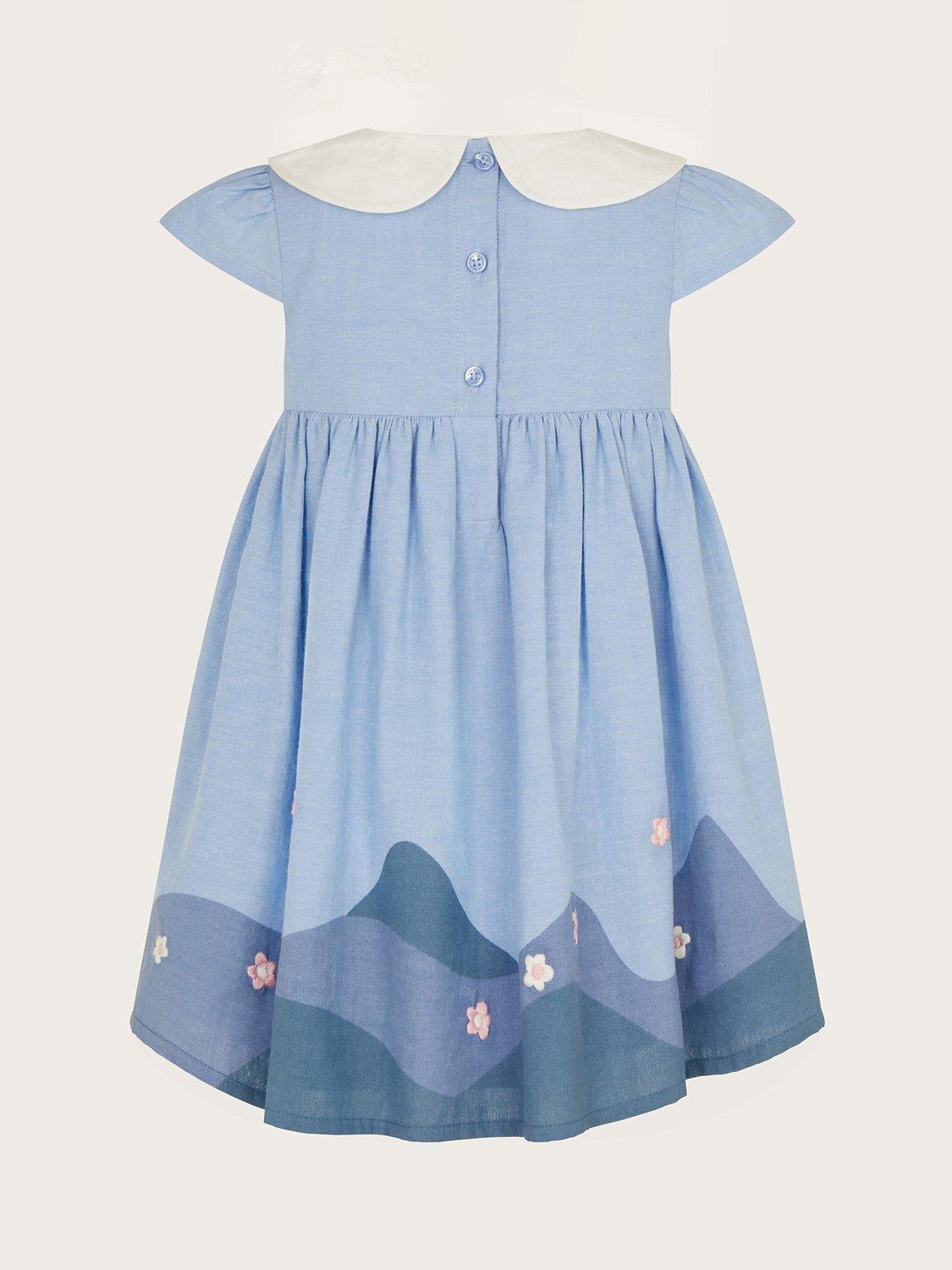 Monsoon Baby Chambray Floral Dress, Blue