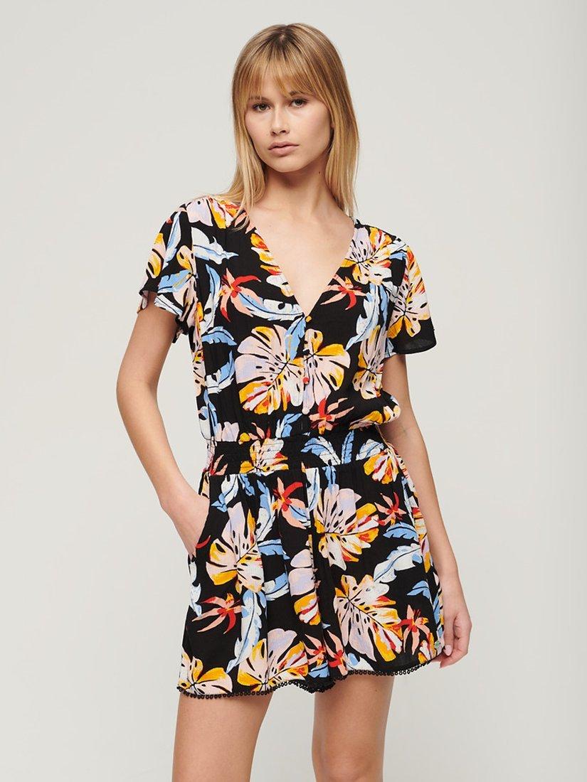 Superdry Short Sleeve Beach Playsuit, Watercolour Orange