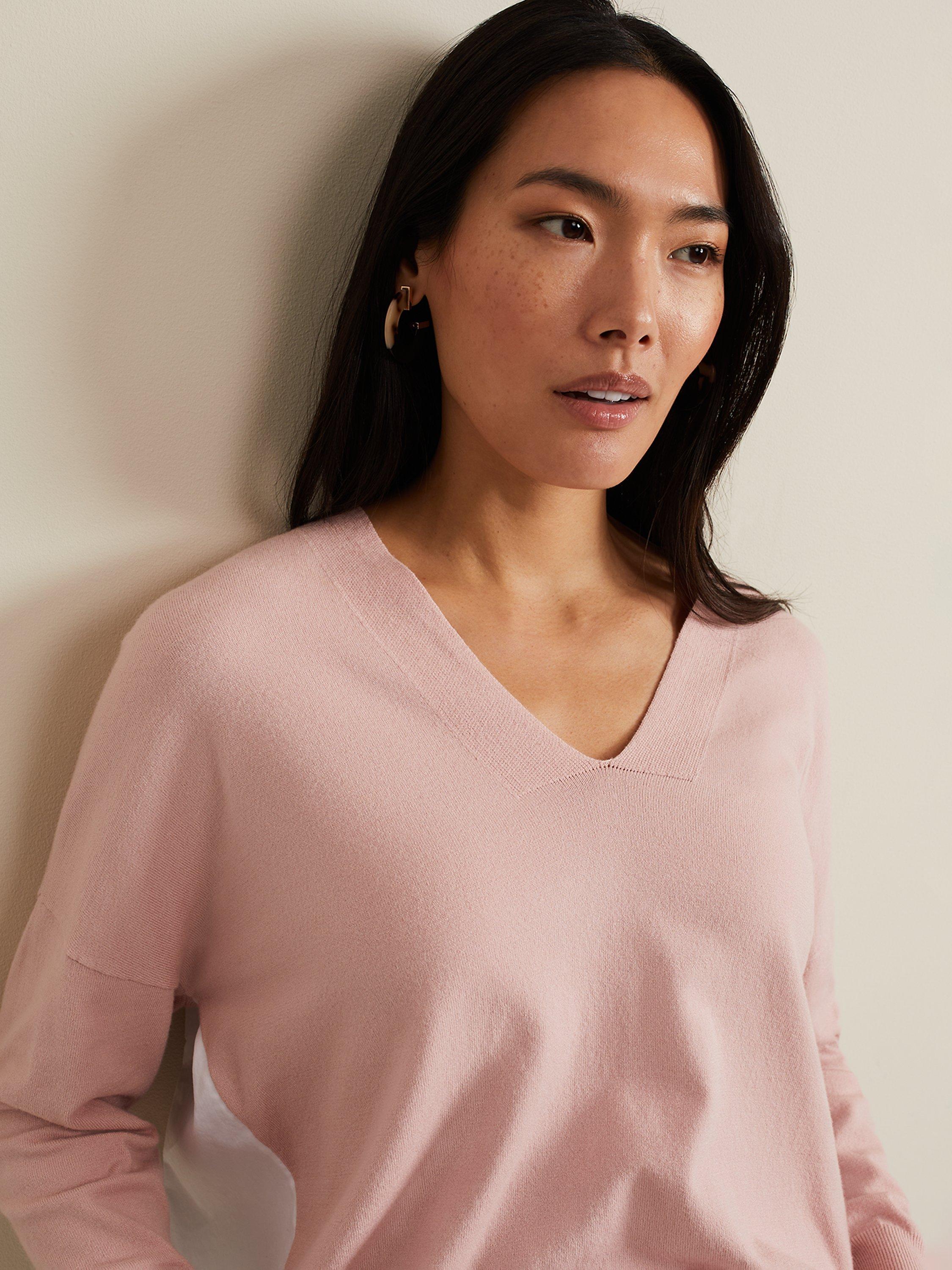 Phase Eight Kienna V-Neck Jumper, Pink/White, M