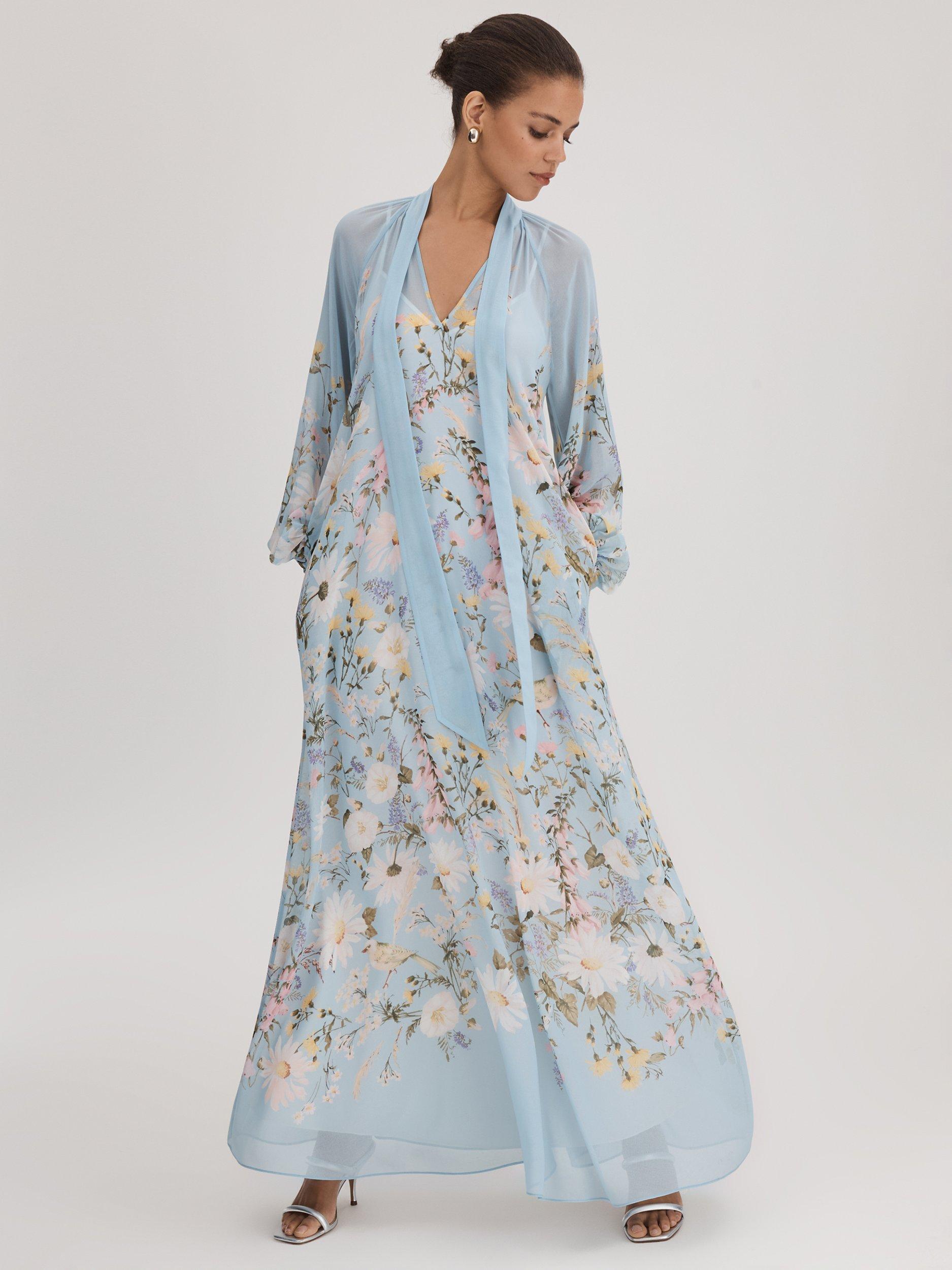 FLORERE Tie Neck Floral Maxi Dress, Pale Blue