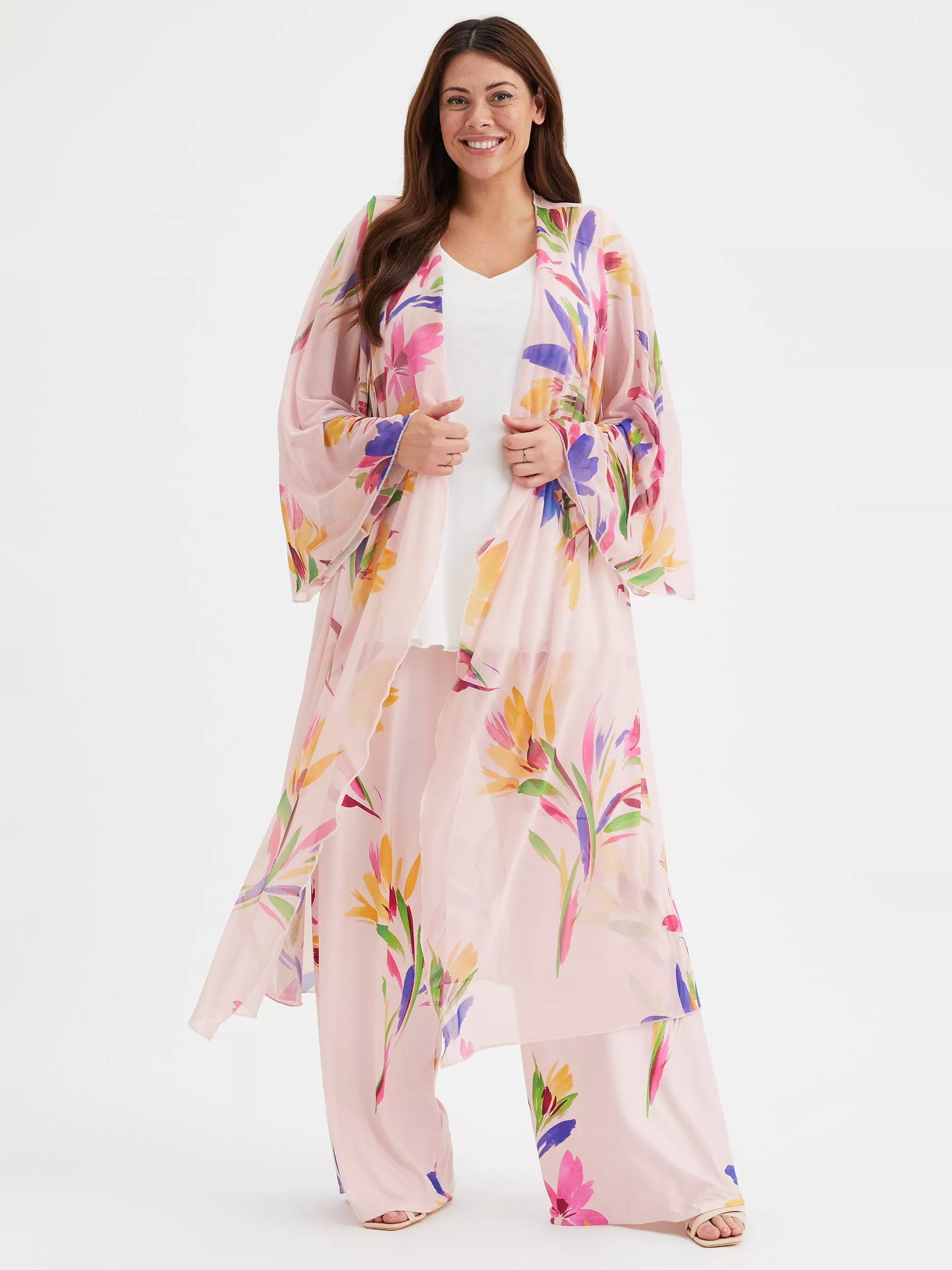 Scarlett & Jo Open Waterfall Front Sheer Jacket, Pink/Multi