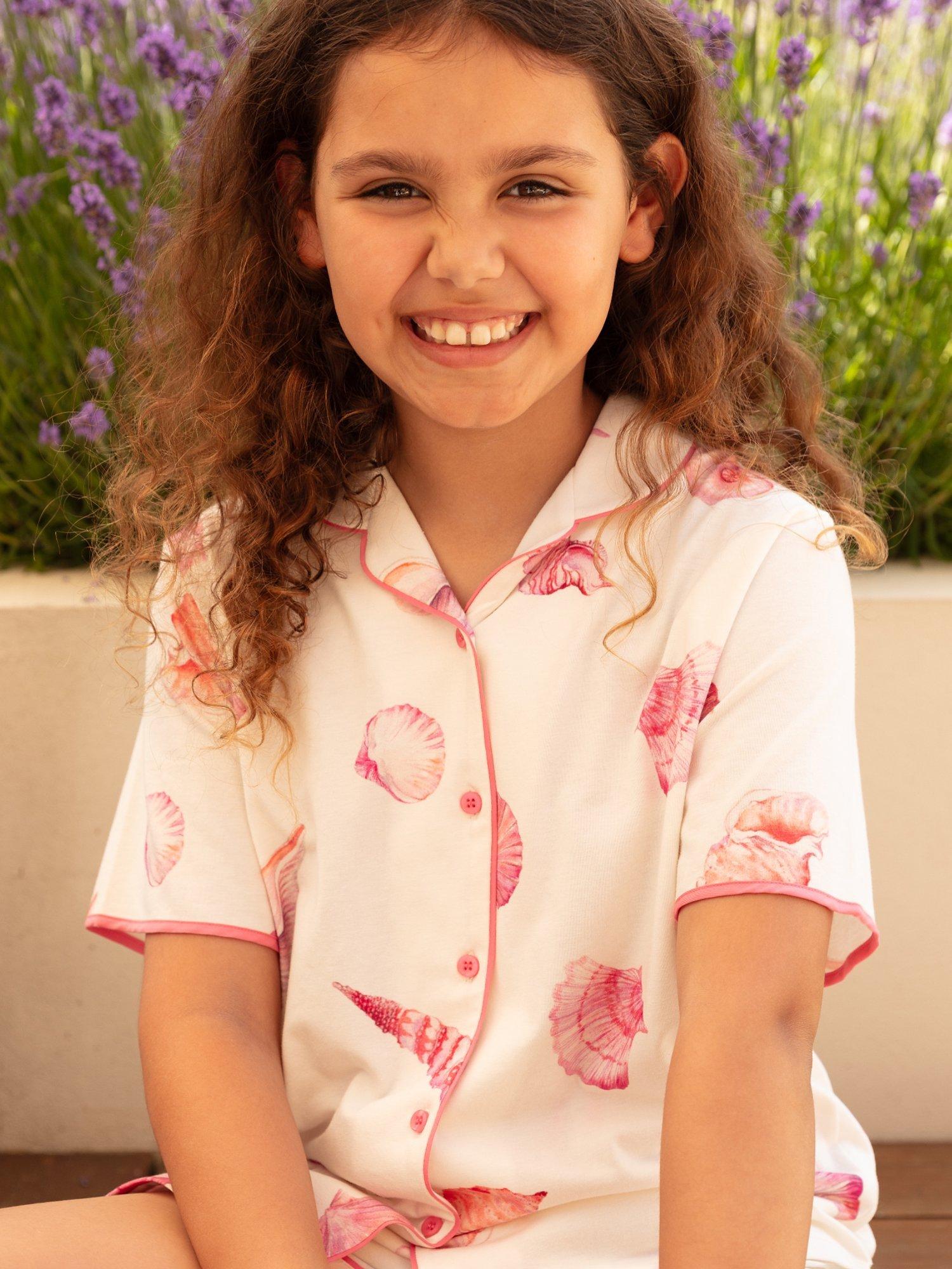 Minijammies Kids' Shelly Shell Print Jersey Shorty Pyjamas Set, Cream