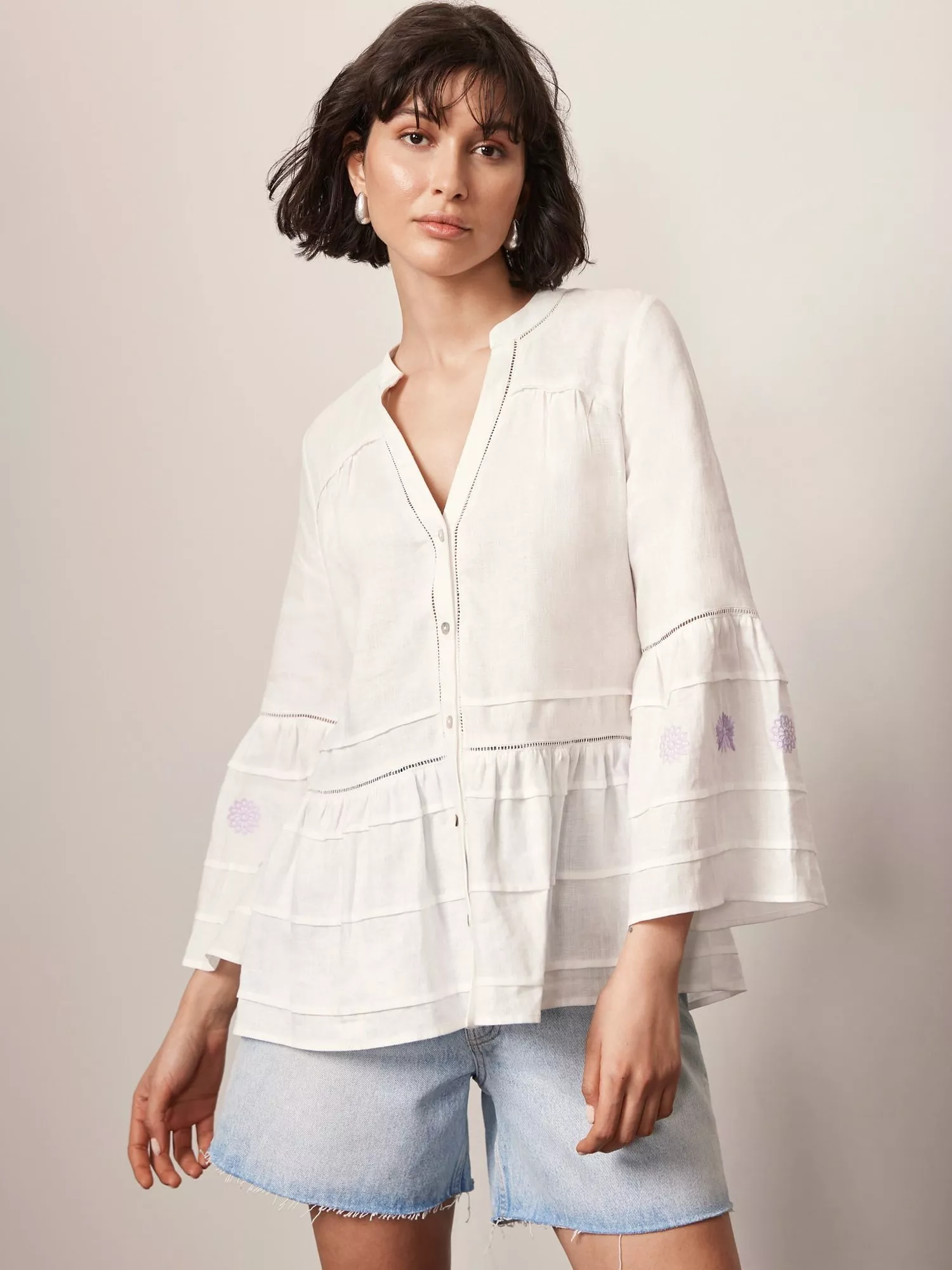 Mint Velvet Embroidered Linen Blouse, White Ivory