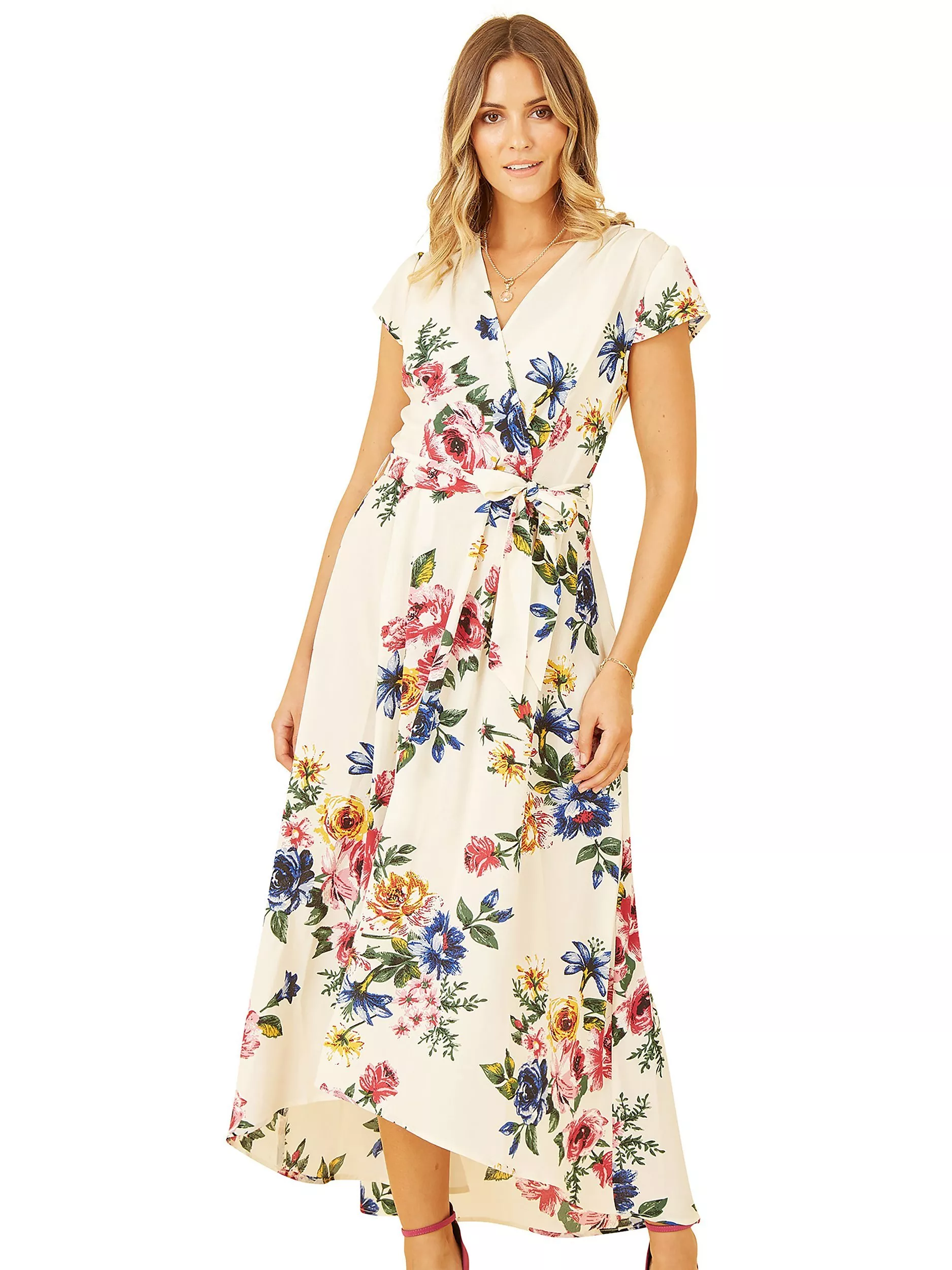 Mela London Floral Wrap Dip Hem Dress, Ivory Mela London Floral Wrap Dip Hem Dress, Ivory