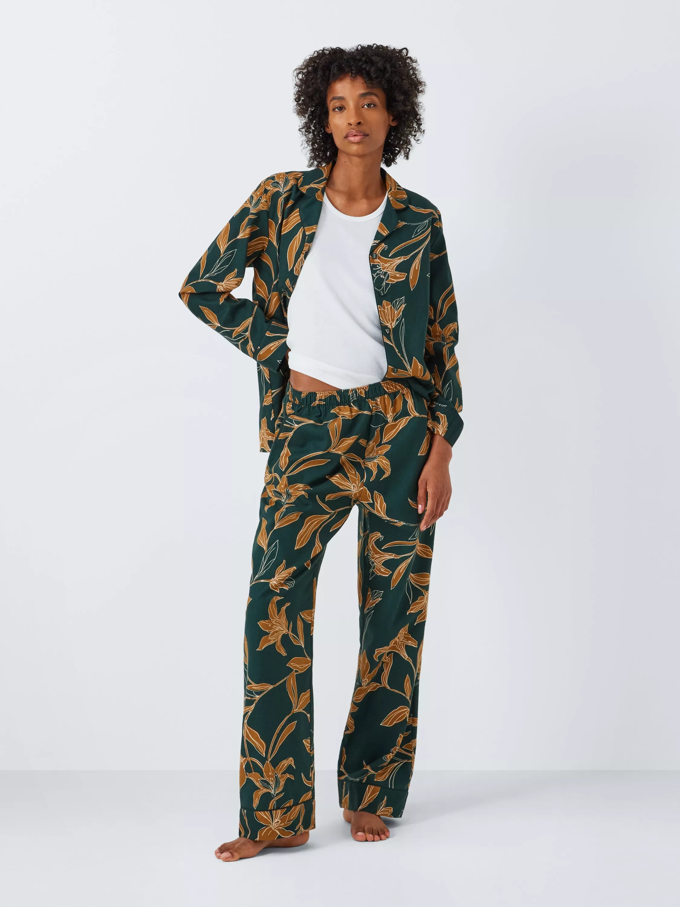John Lewis Linear Floral Brushed Cotton Pyjama Set Evergreen Ochre