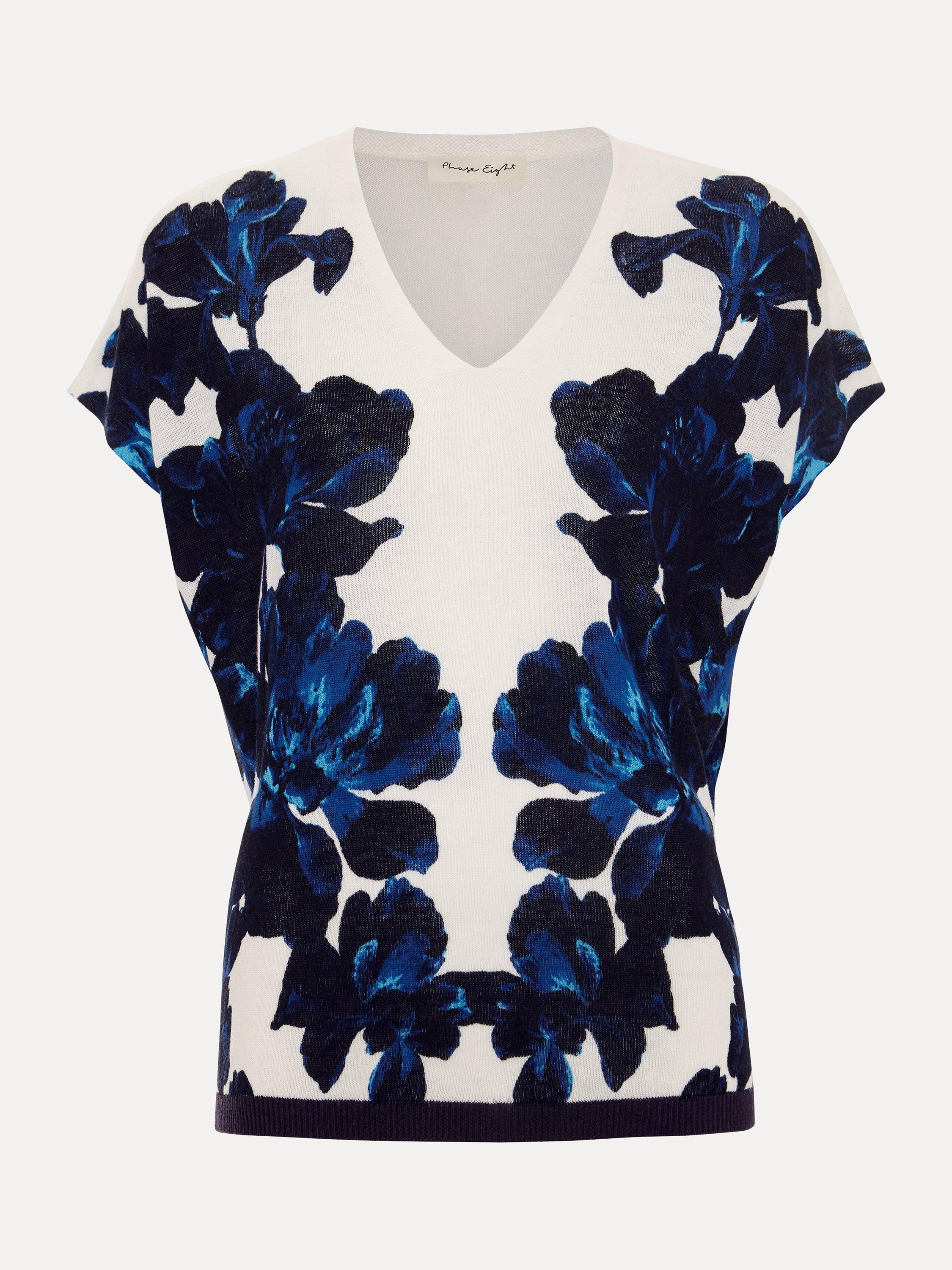 Phase Eight Mia Floral Linen Blend Top, Navy/Ivory