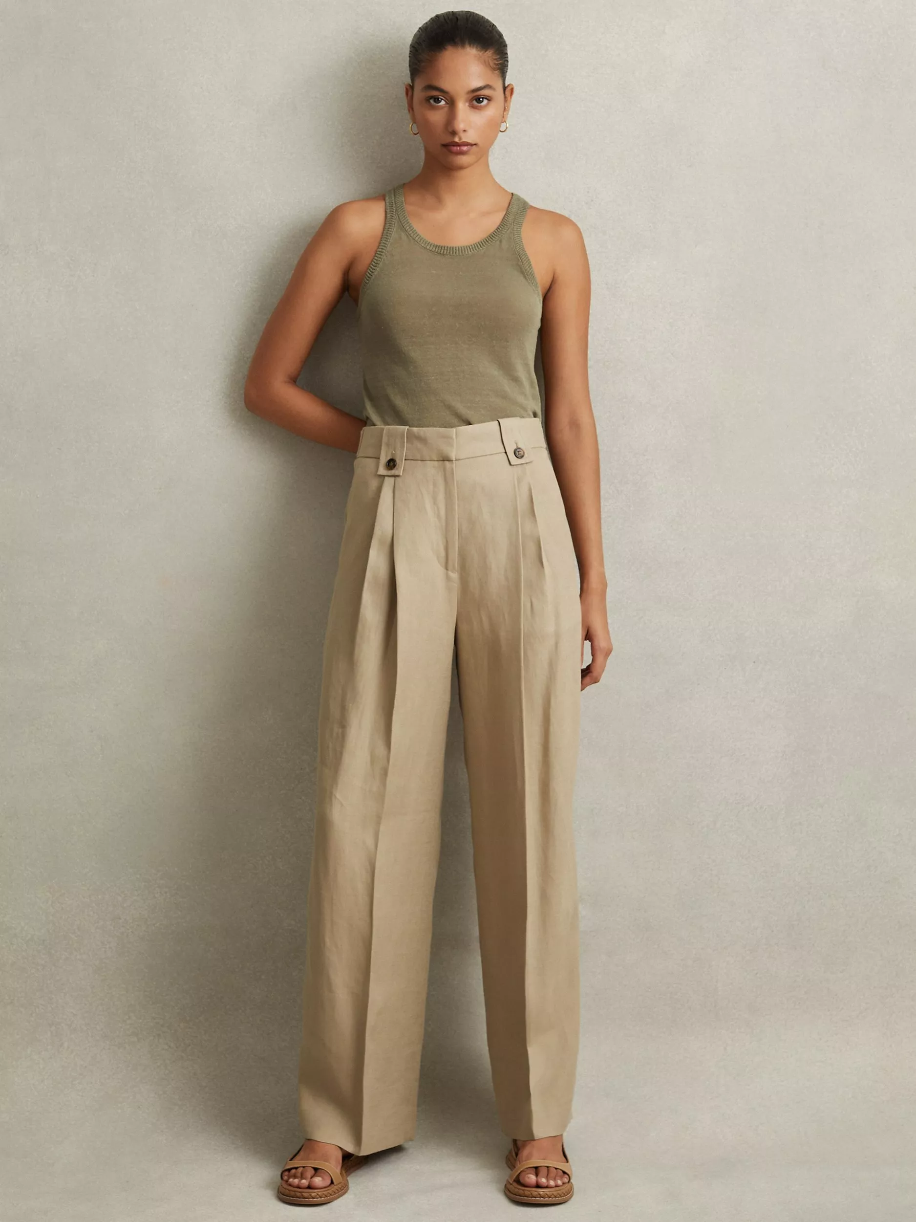 Reiss Leila Wide Leg Linen Trousers, Light Khaki, 14R
