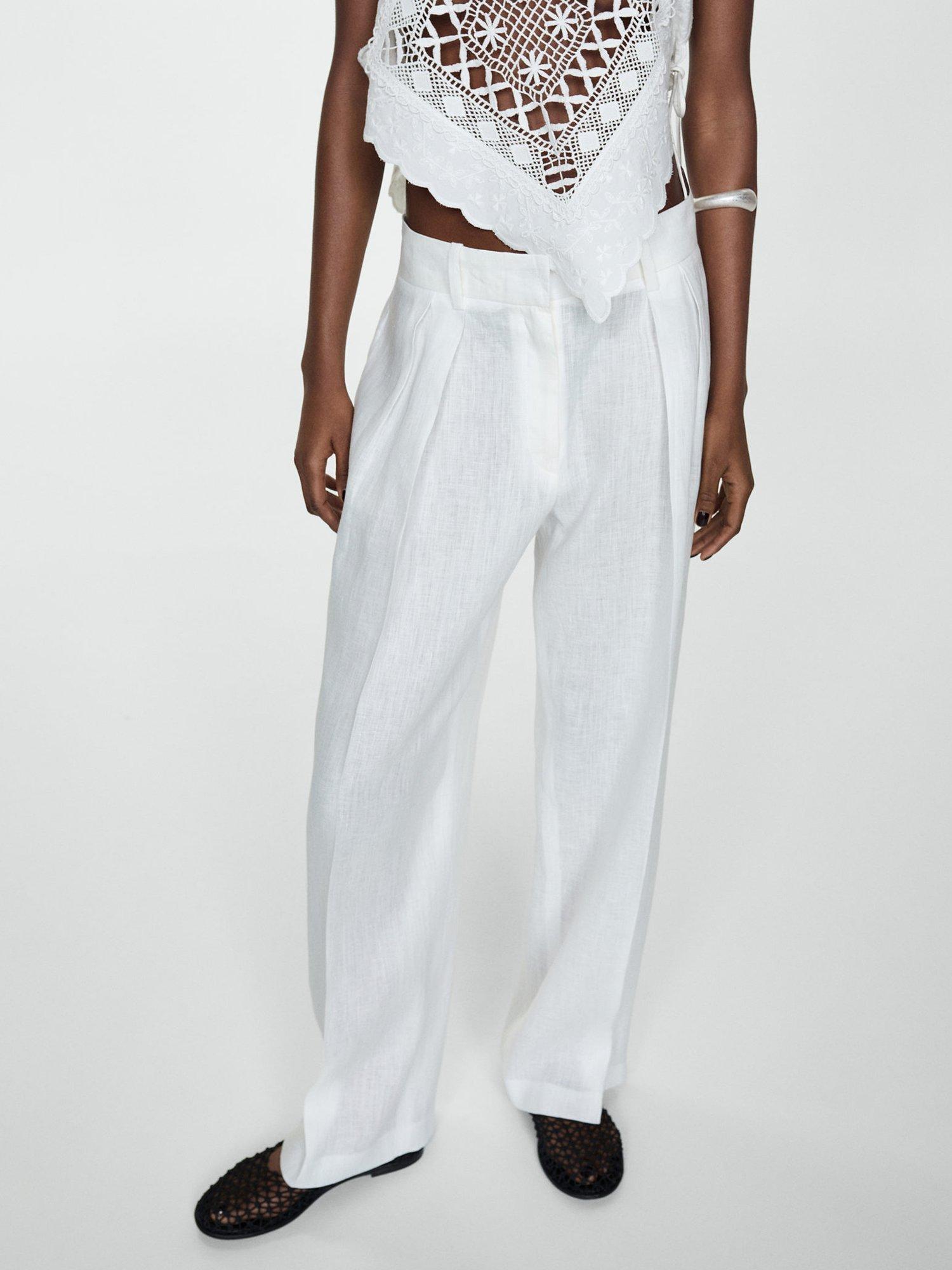 Mango Chiara Wide Leg Linen Trousers Ivory
