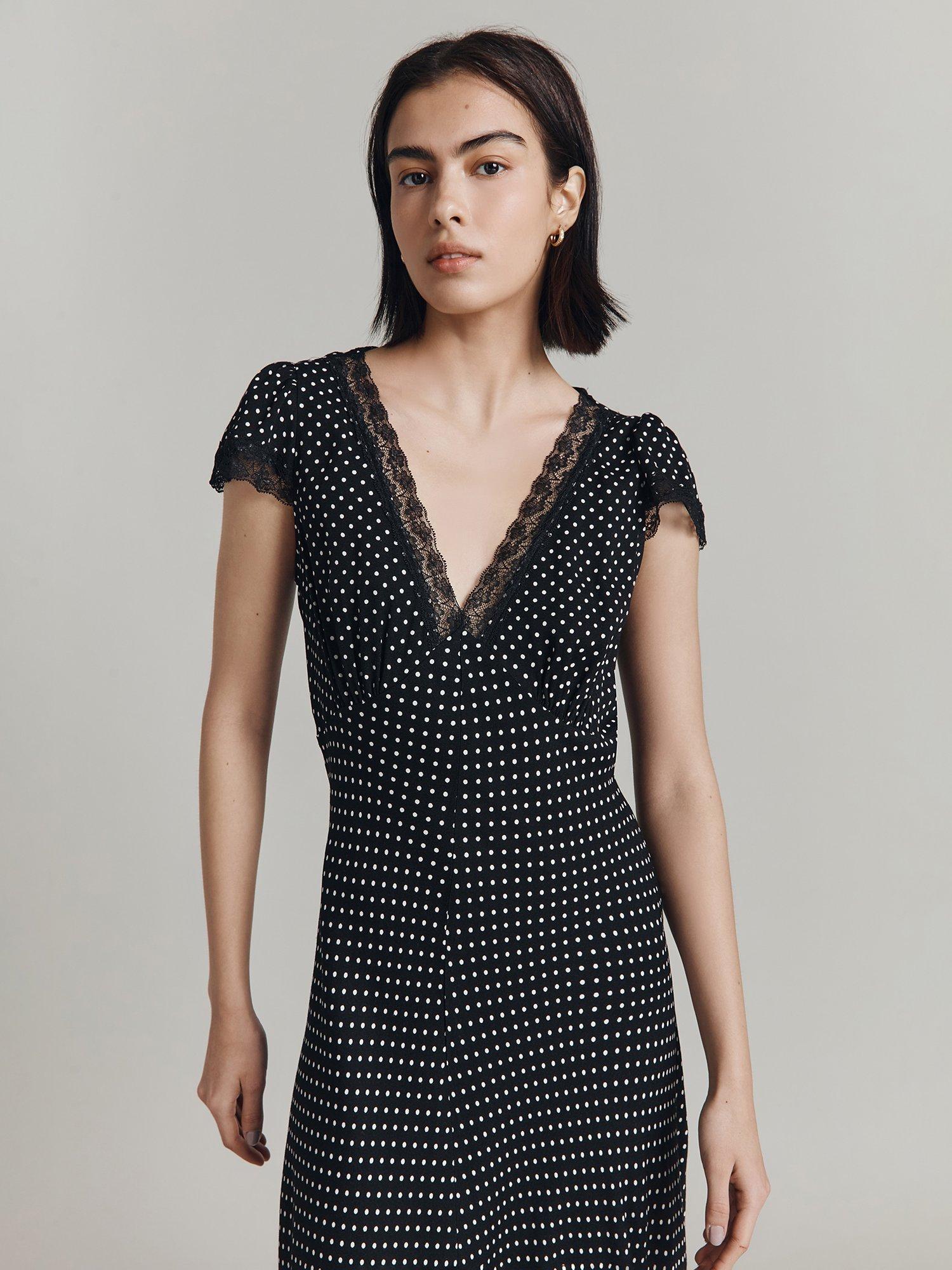 Ghost Erika Polka Dot Bias Cut Midi Dress, Ivory/Black