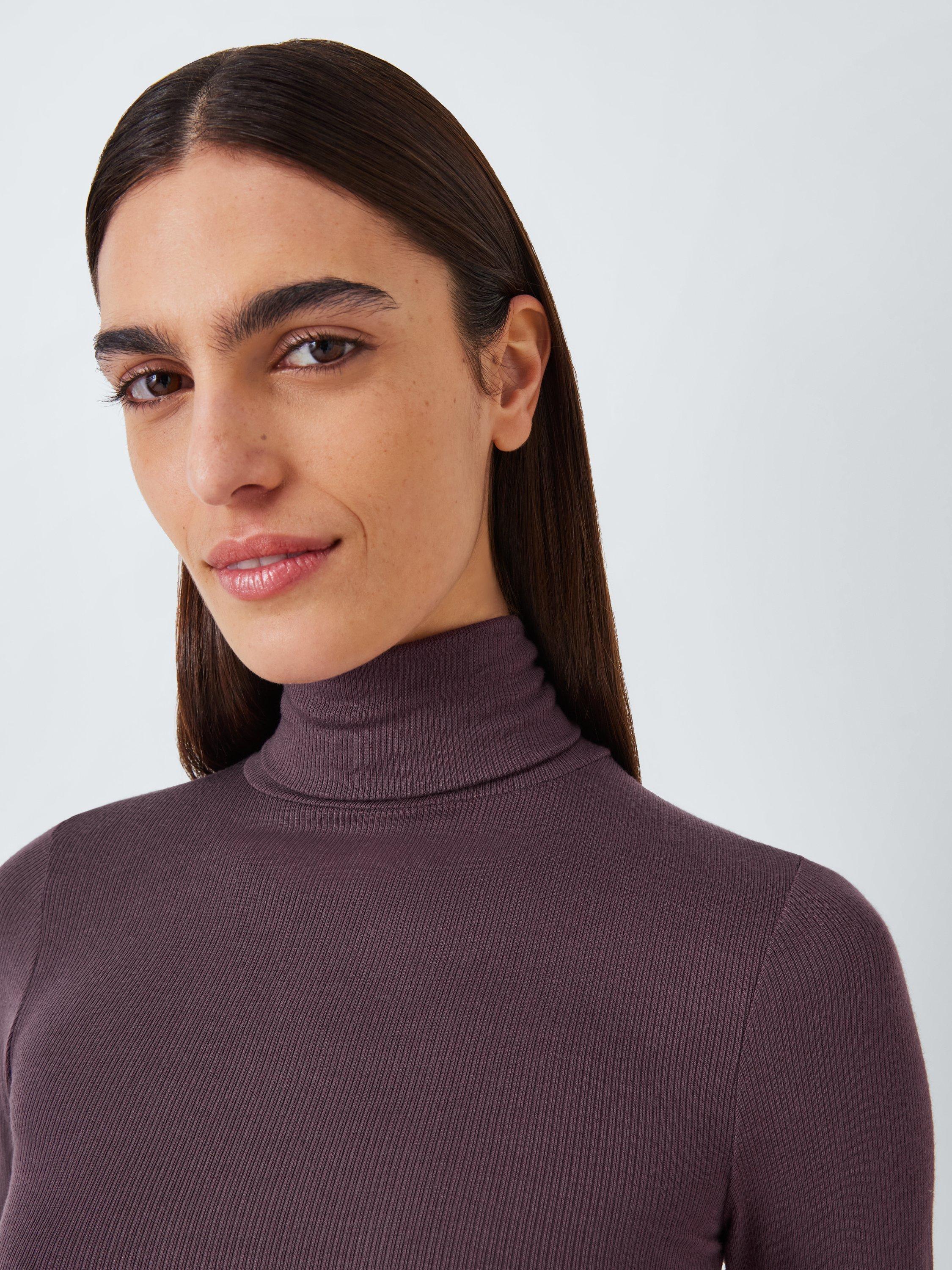 John Lewis Heat Generating Ribbed Roll Neck Thermal Top, Plum, 12-14