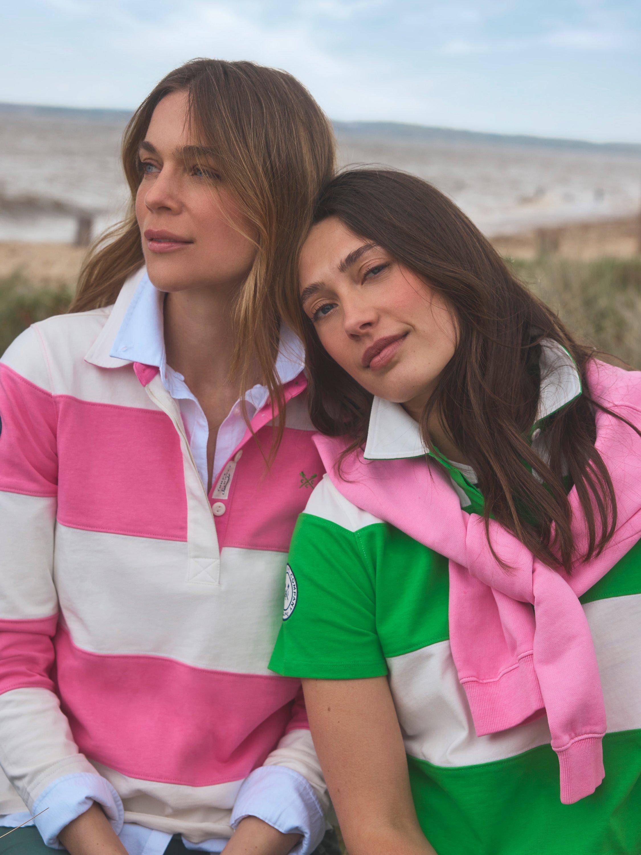 Crew Clothing Long Sleeve Stripe Rugby Shirt, Bright Pink