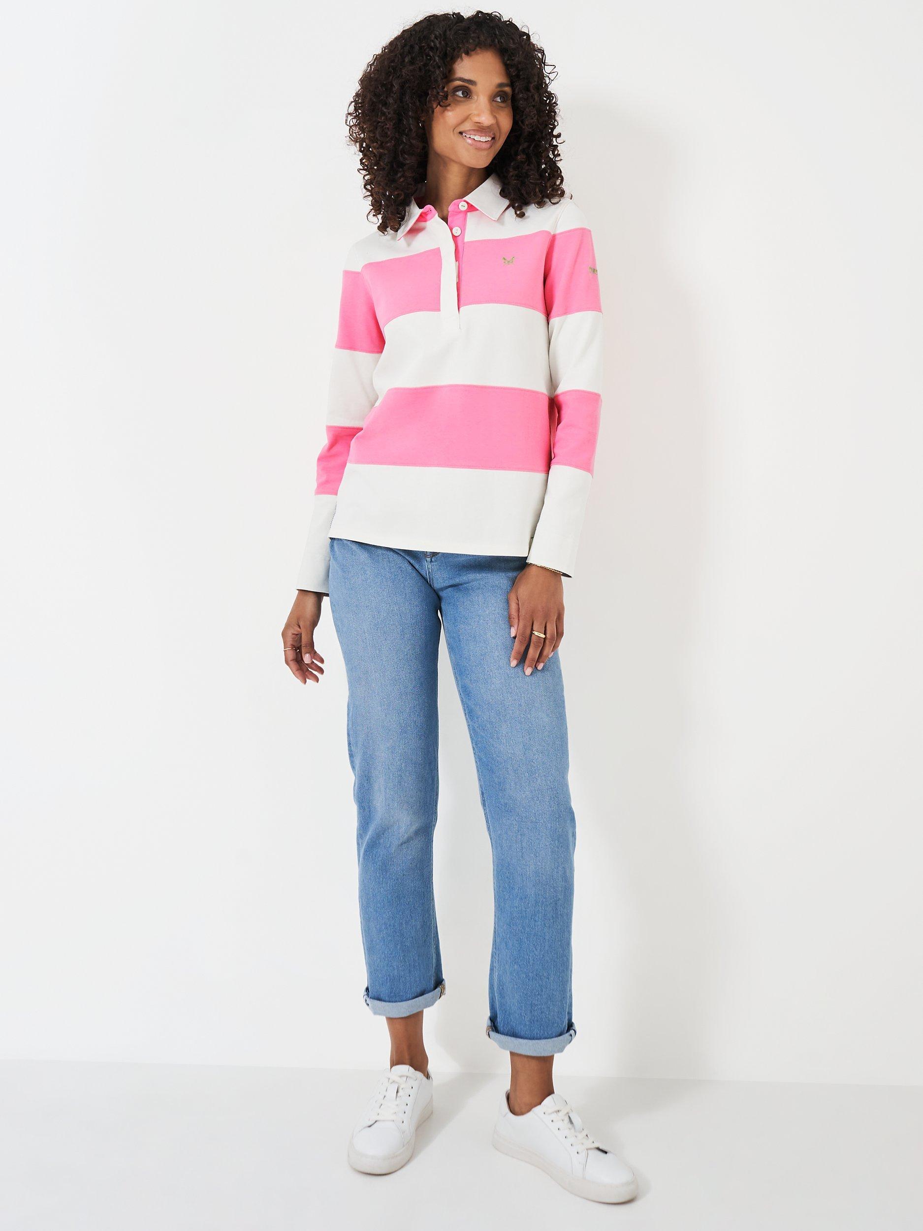 Crew Clothing Long Sleeve Stripe Rugby Shirt, Bright Pink