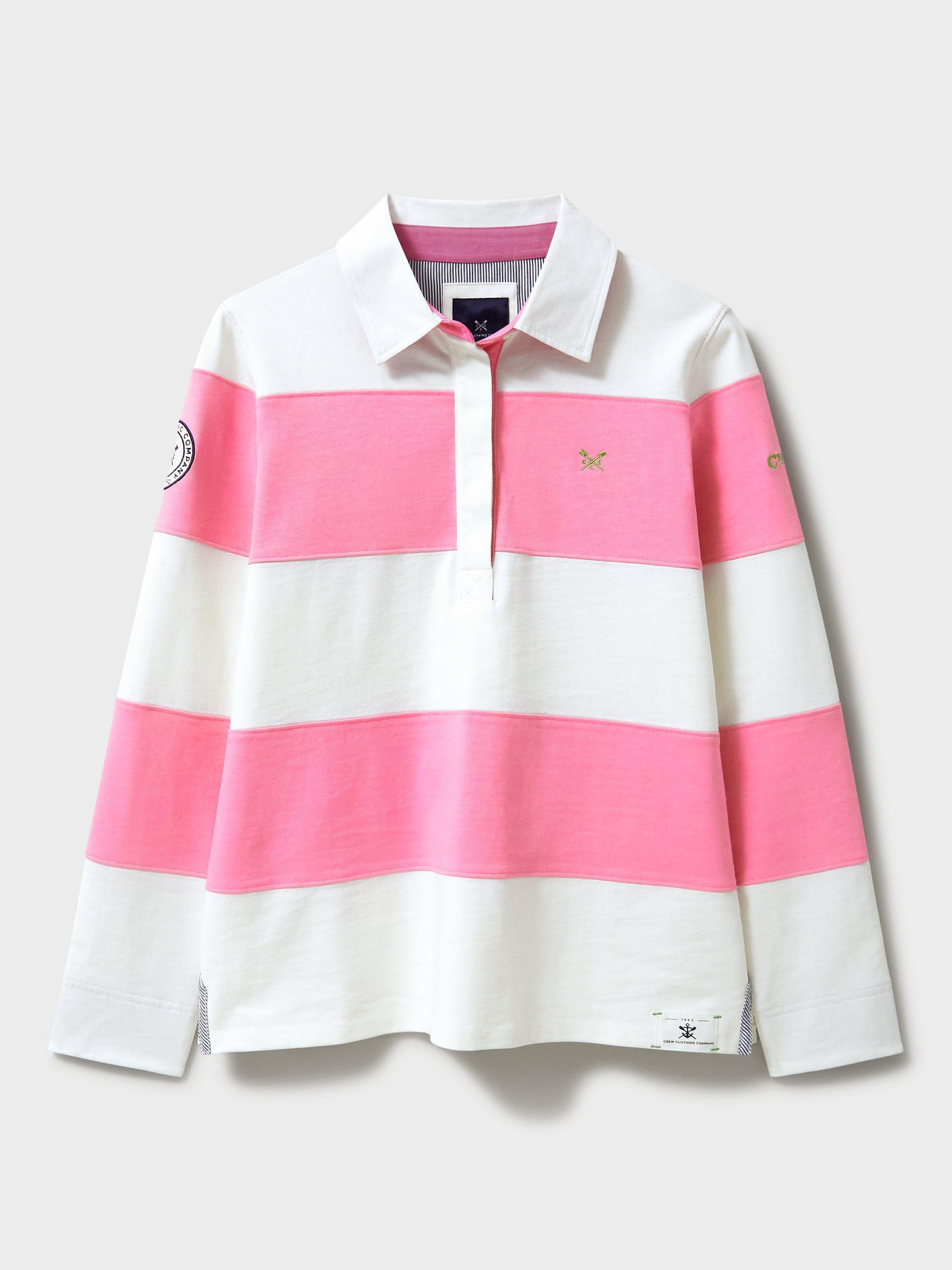 Crew Clothing Long Sleeve Stripe Rugby Shirt, Bright Pink