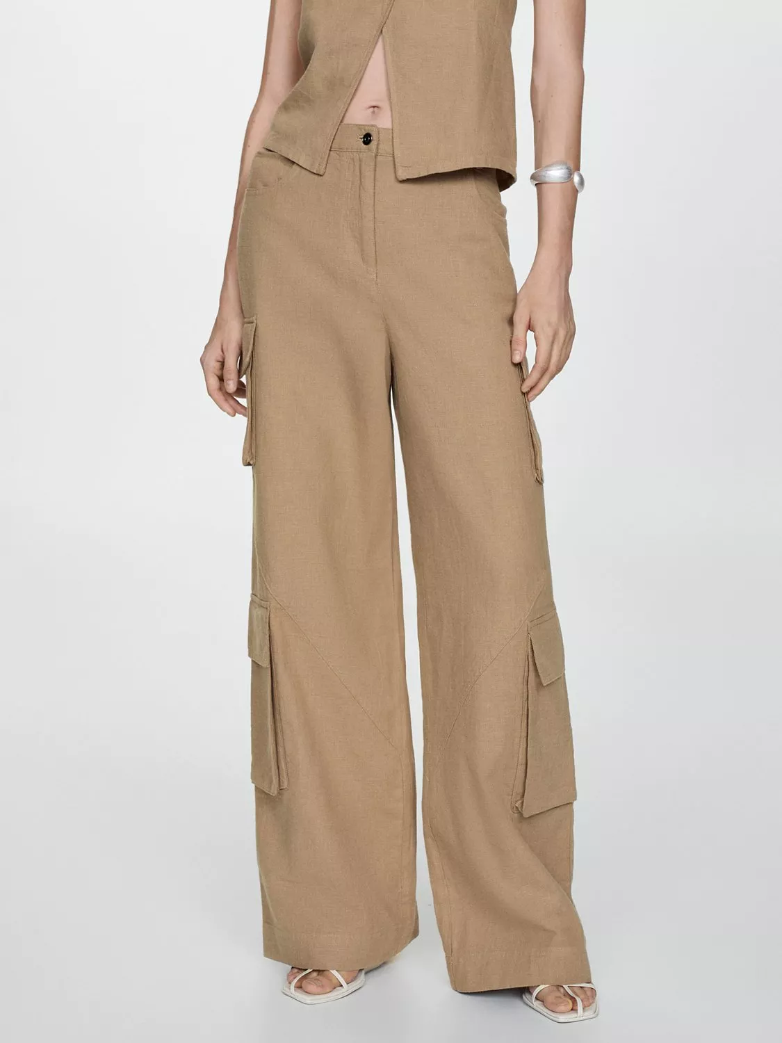 Mango Tartufo Wide Leg Cargo Trousers, Light Brown