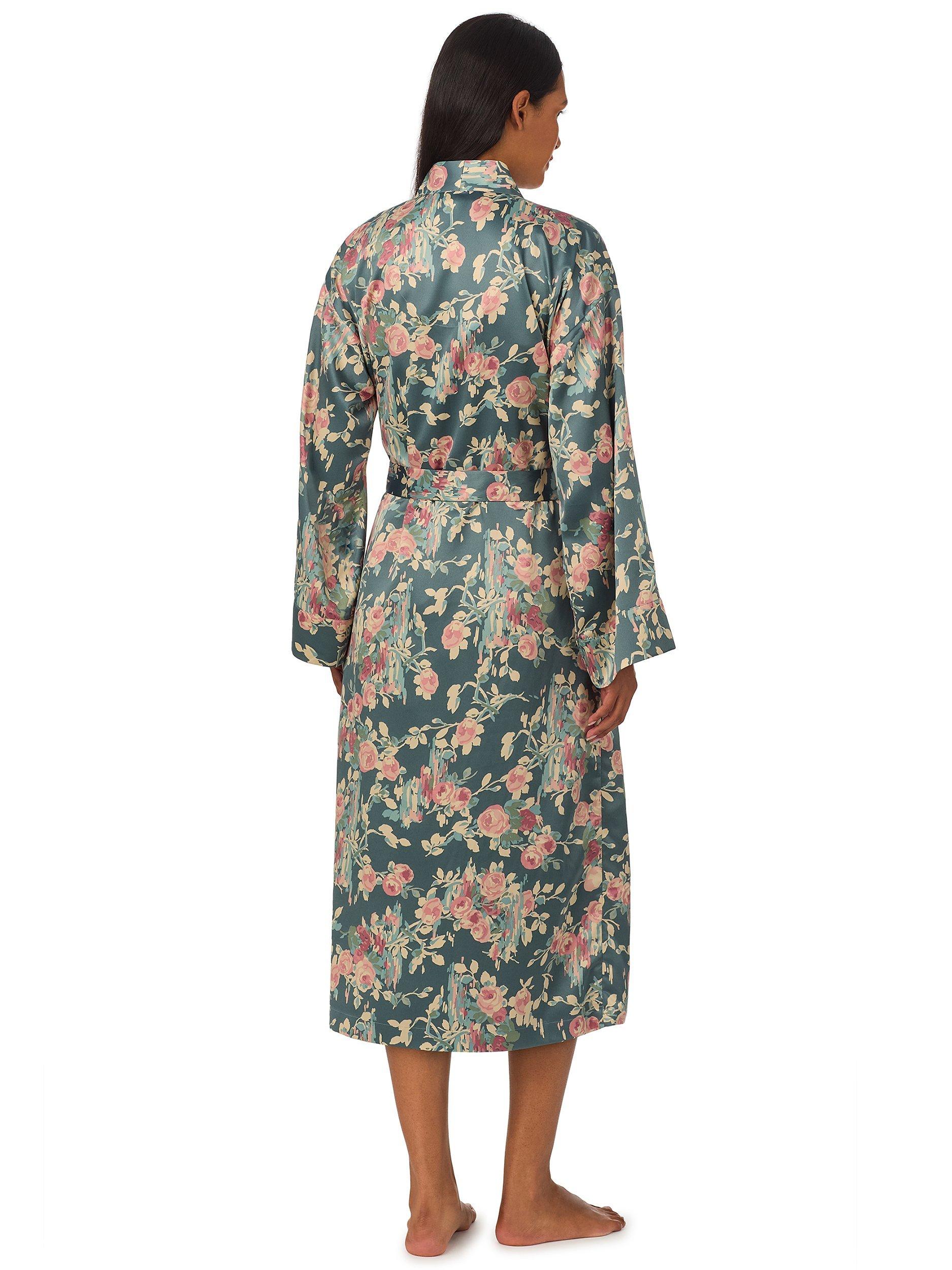 Lauren Ralph Lauren Floral Satin Kimono Dressing Gown, Sage/Multi