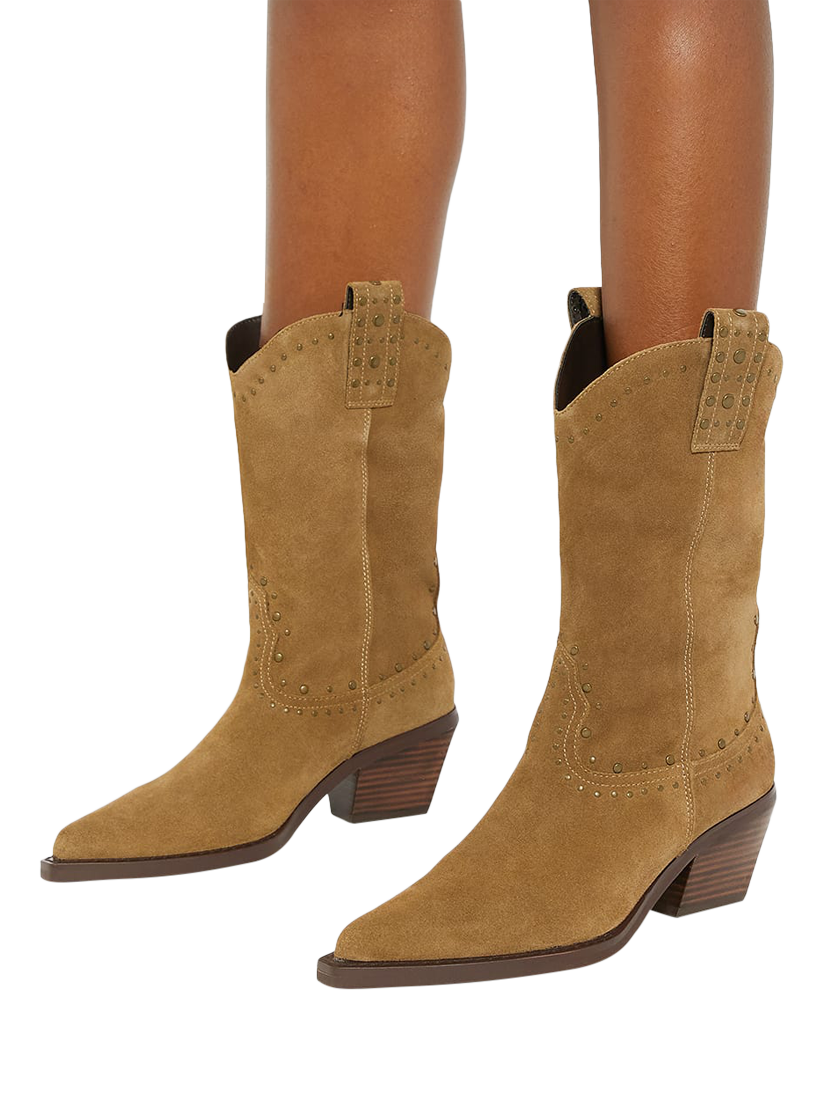 Dune Podeo Suede Embellished Block Heel Cowboy Boots, Sand