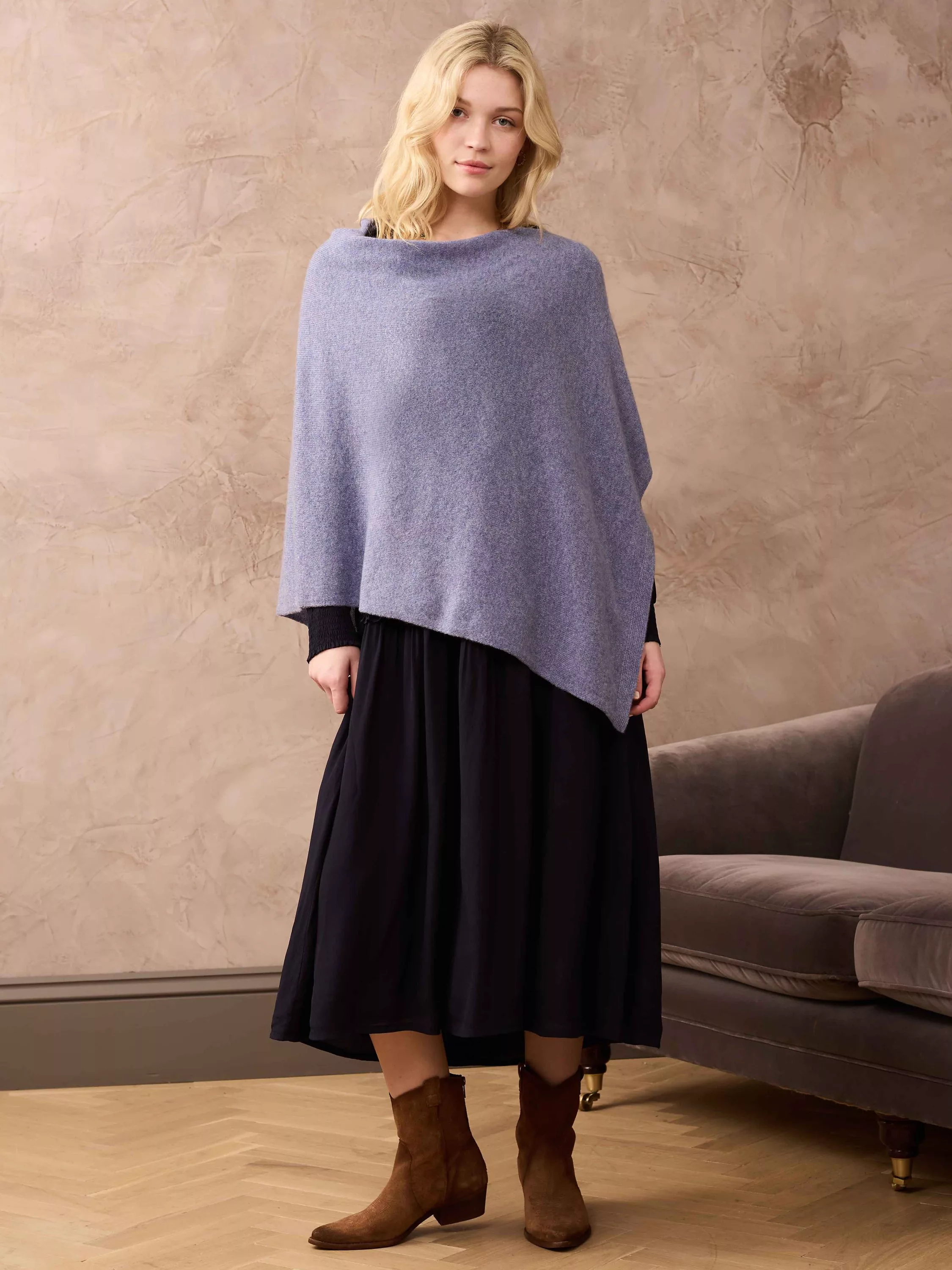 Brora Cashmere Gauze Poncho, Iris, One Size