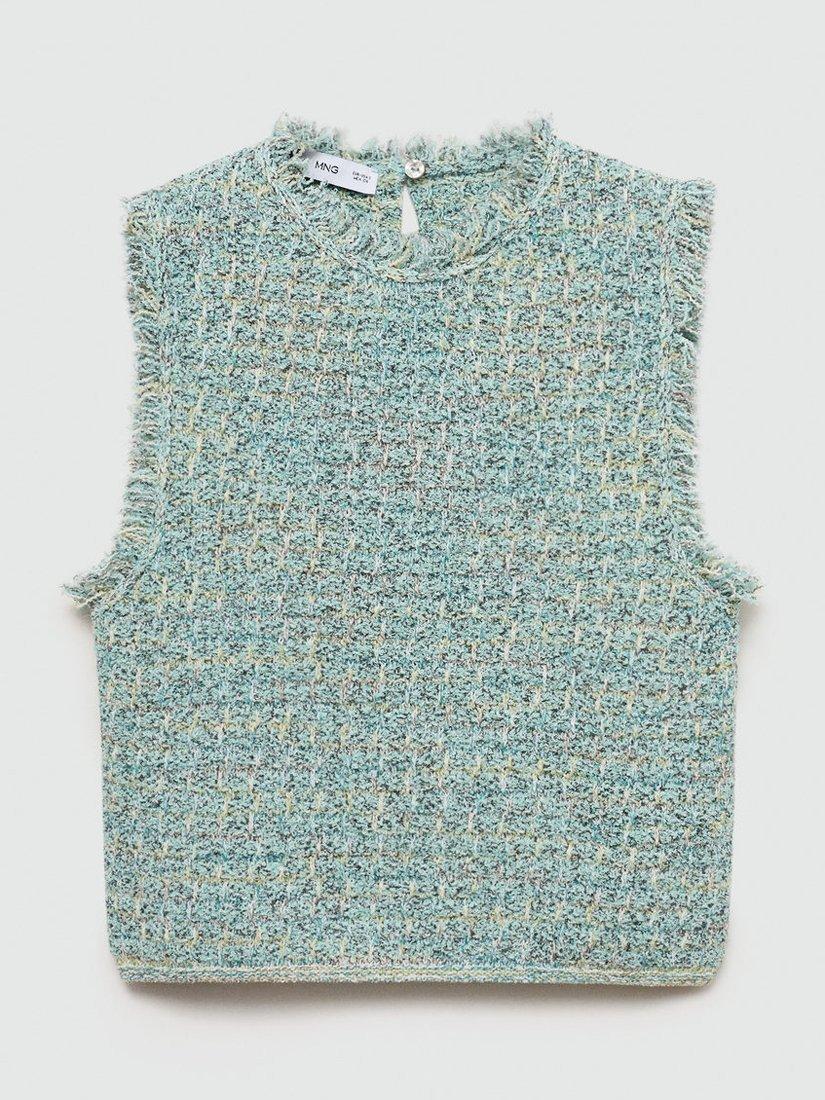 Mango Aqua Tweed Fray Top, Aqua