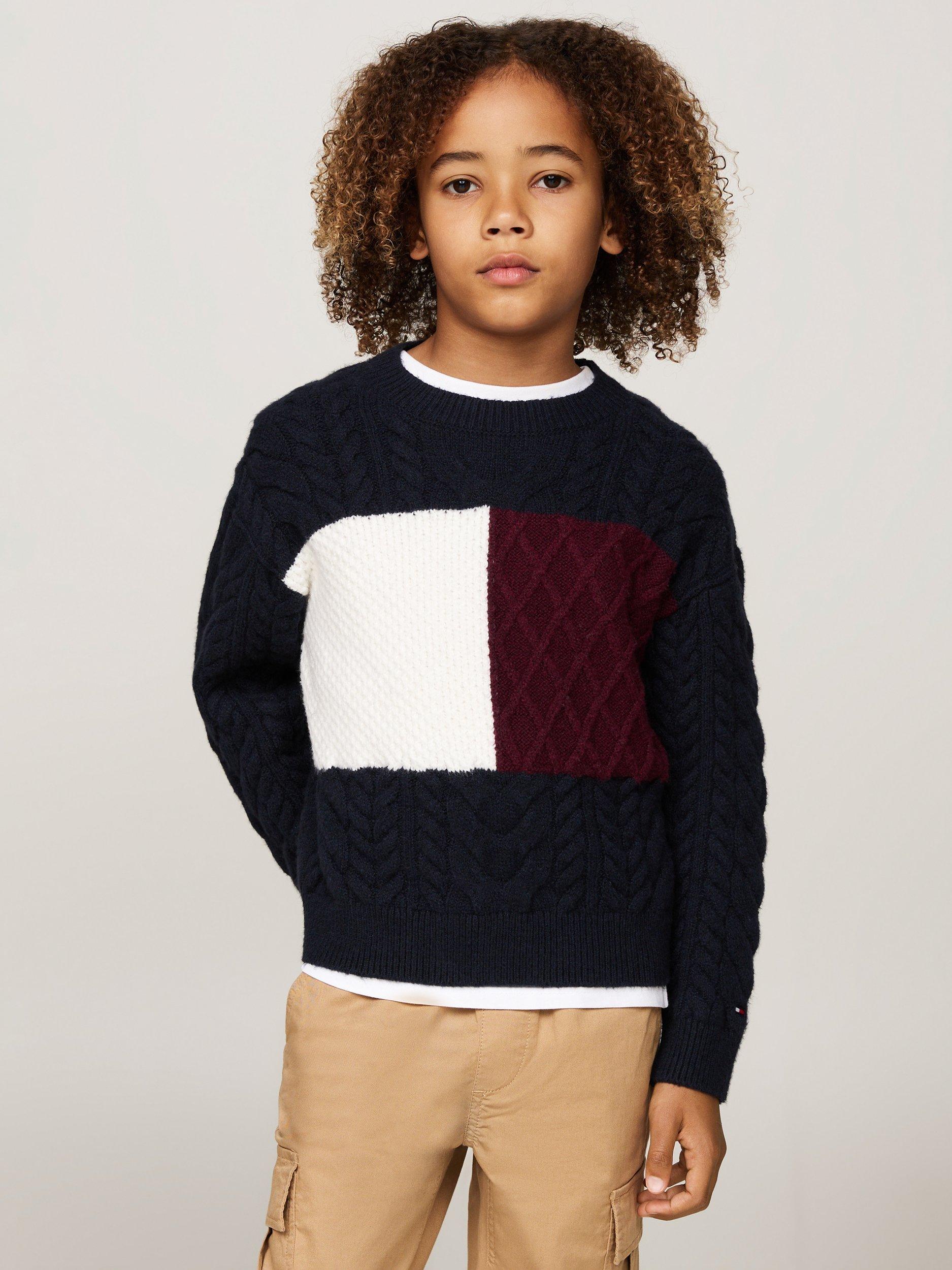 Tommy Hilfiger Kids Flag Colour Block Cable Knit Jumper Desert Sky Multi