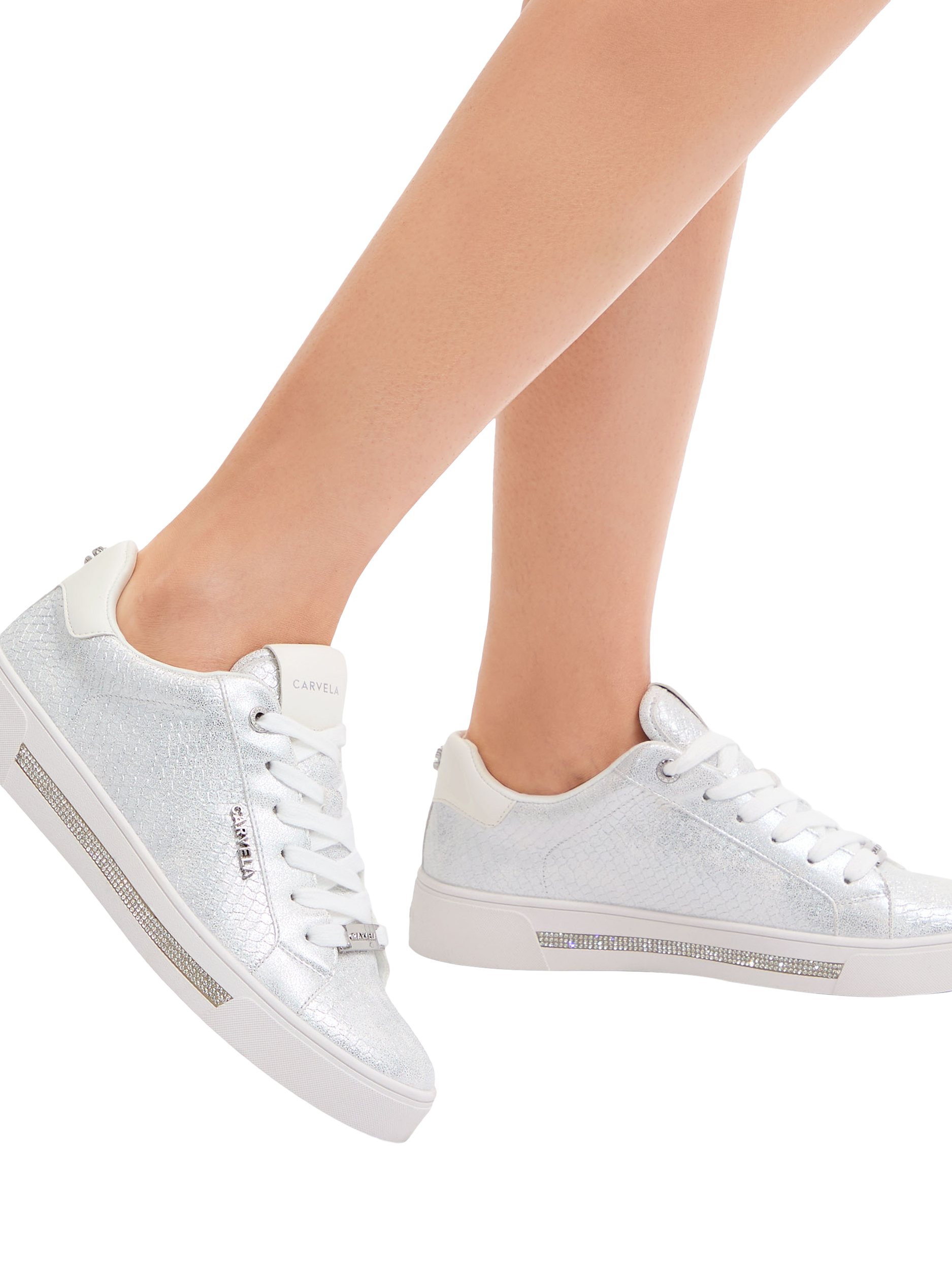 Carvela Diamond Snake Effect Embellished Leather Trainers, Silver